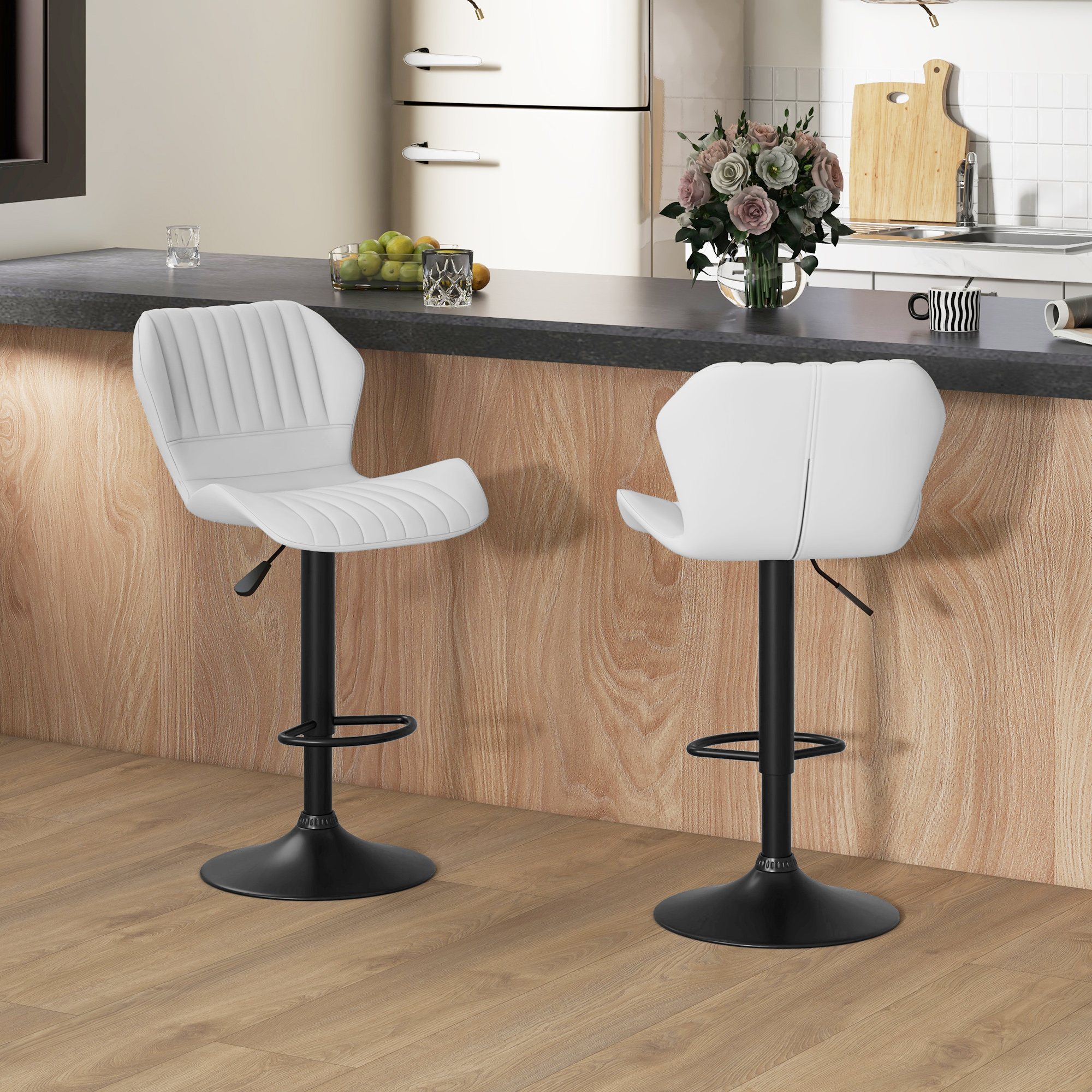 HOMCOM Shell Back Bar Stool Set of 2, PU Leather Adjustable Swivel ...