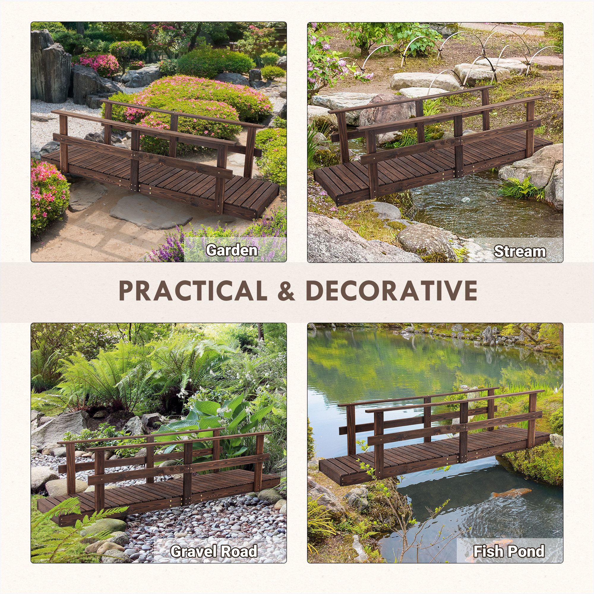 Outsunny 7' Garden Bridge Wooden Footbridge for Backyard Ponds, Creeks ...