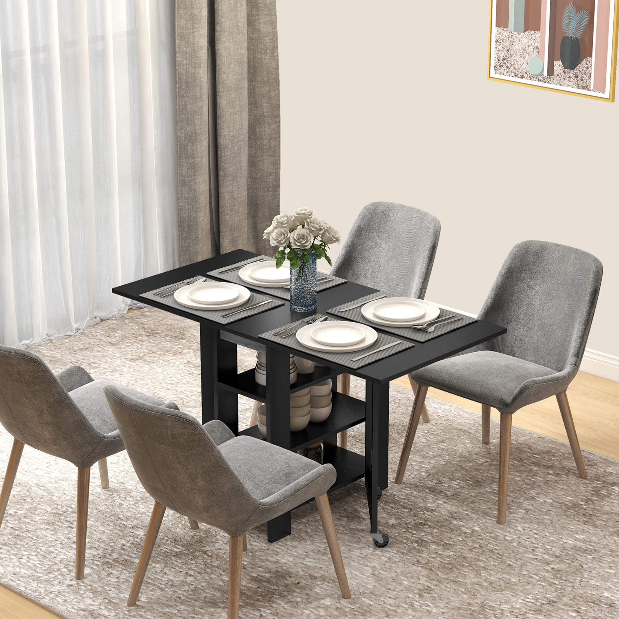 HOMCOM Folding Dining Table with Storage, Drop Leaf Kitchen Table for ...