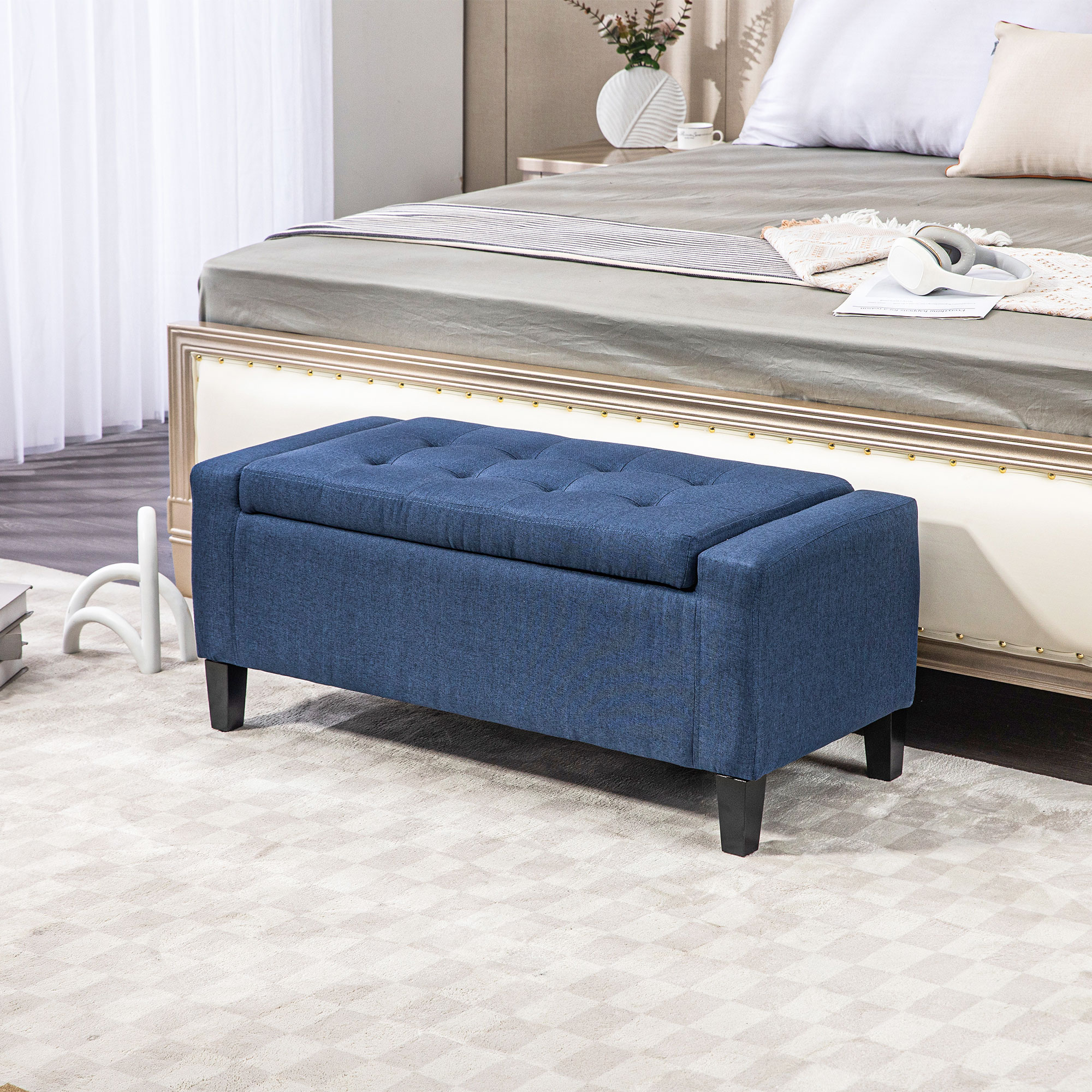 Homcom Upholstered Storage Ottoman Bench Button Tufted Ottoman with Hidden Storage Lift Top for Living Room Dark Blue