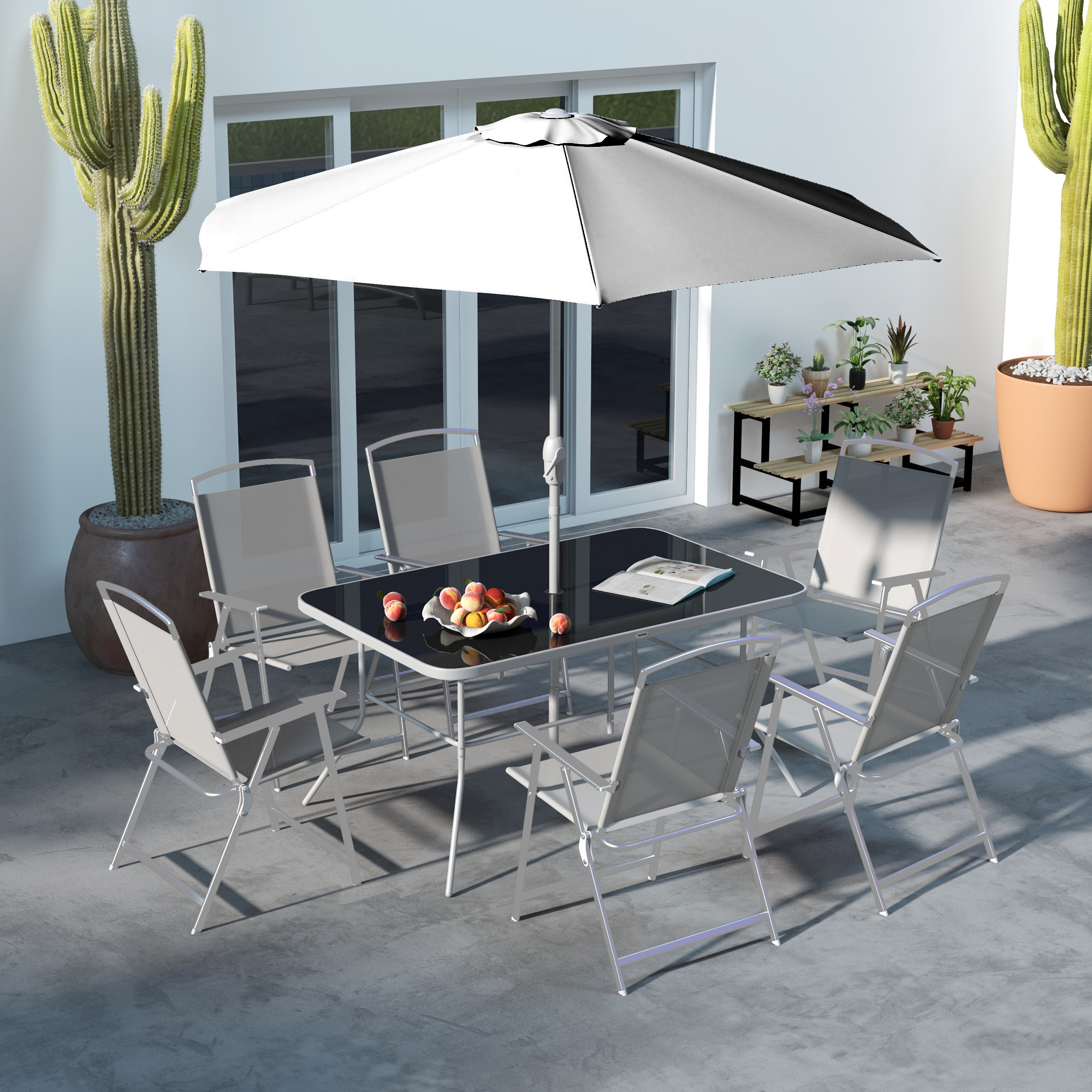 Outsunny 8 Piece Patio Set with Umbrella, 6 Folding Chairs, Rectangle ...