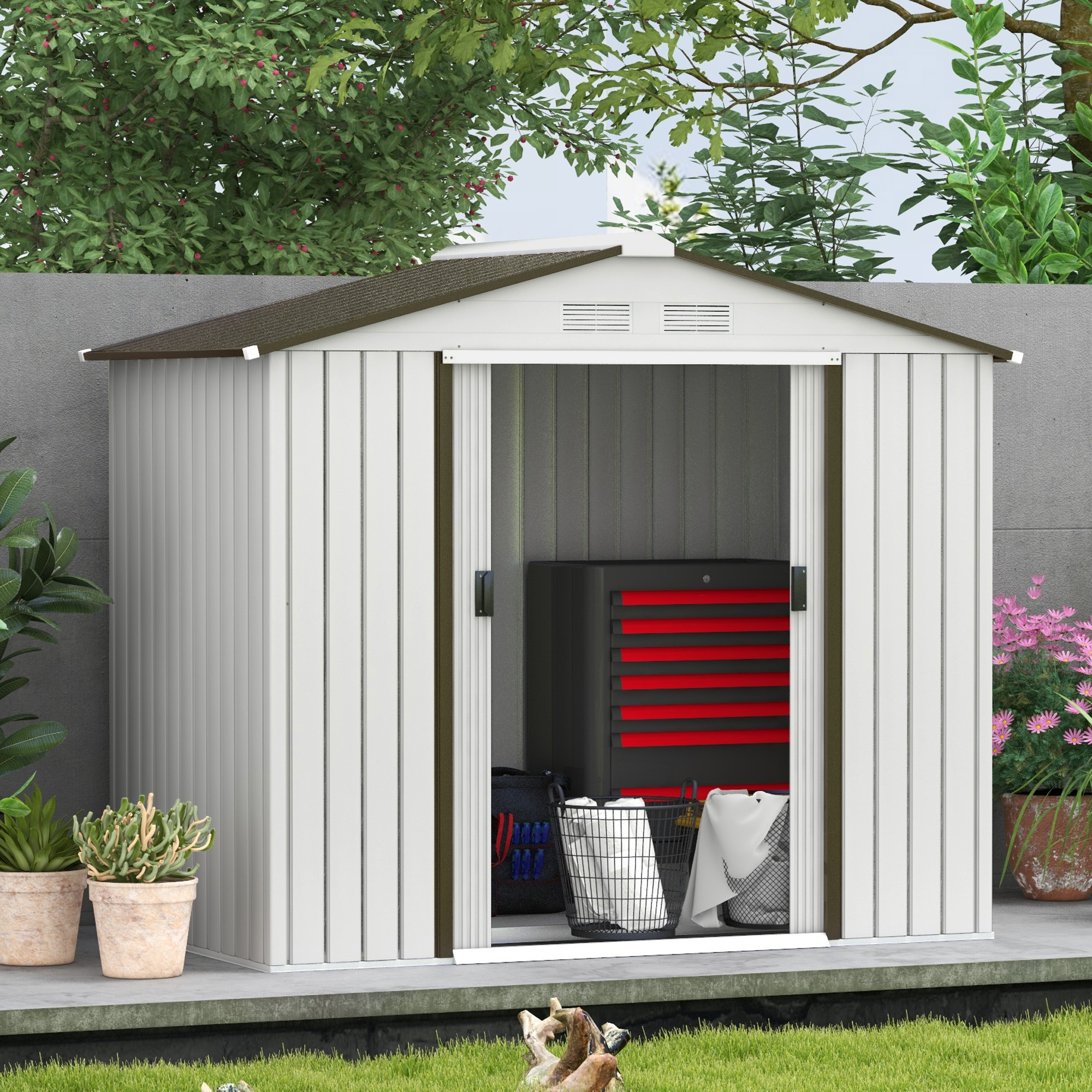 Outsunny 7' x 4.3' x 6.1' Garden Shed Outdoor Metal Tool Storage House ...