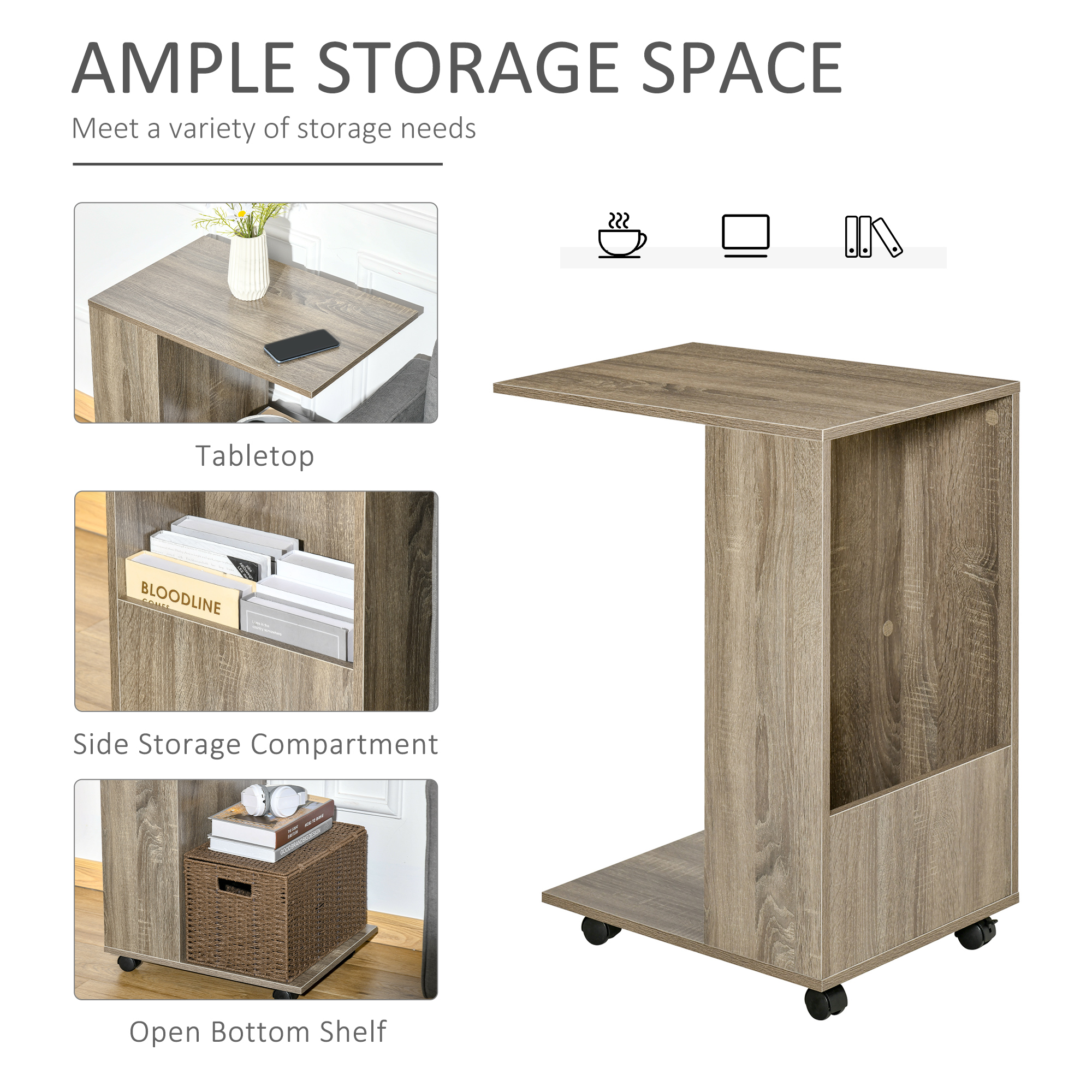 HOMCOM C Shape Sofa Side Table Mobile End Table with Storage and — Planner 5D