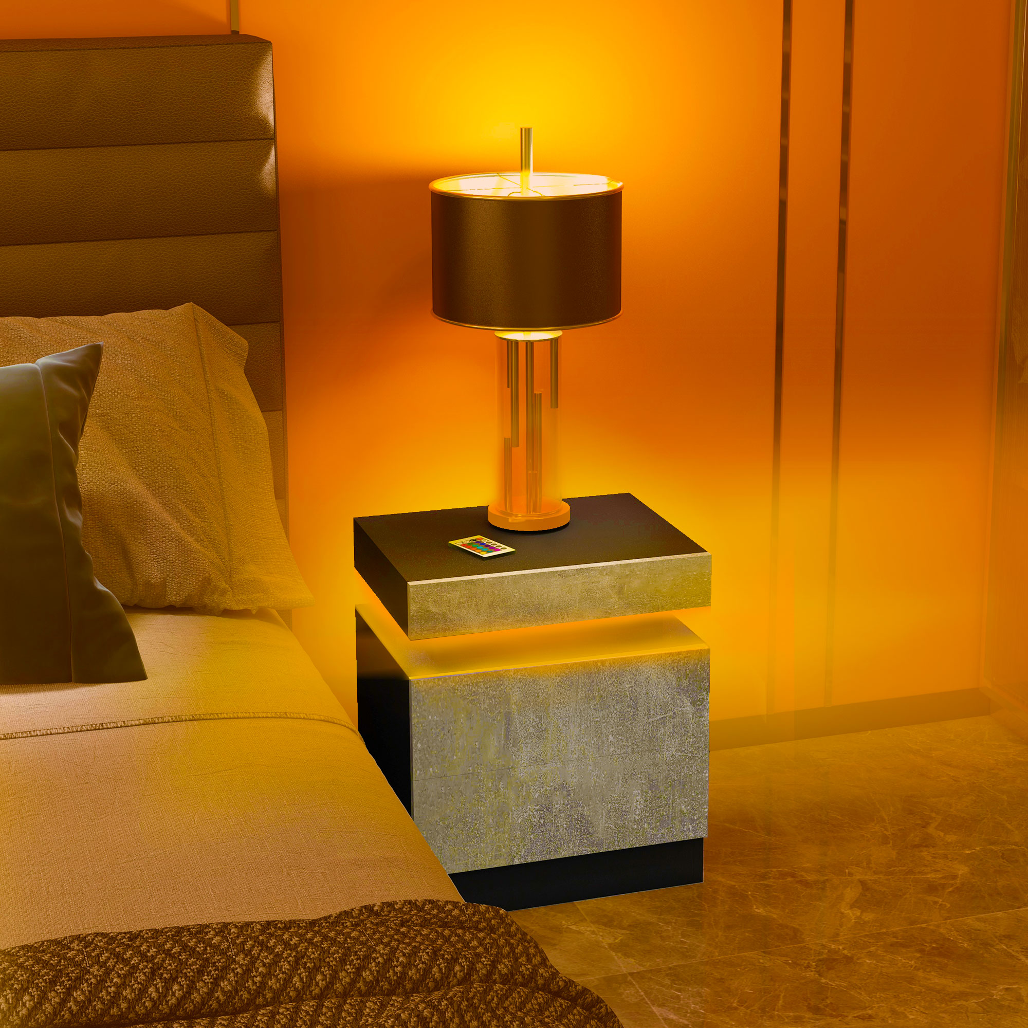 HOMCOM High Gloss Nightstand, Bedside Table with LED Lights and 2 ...