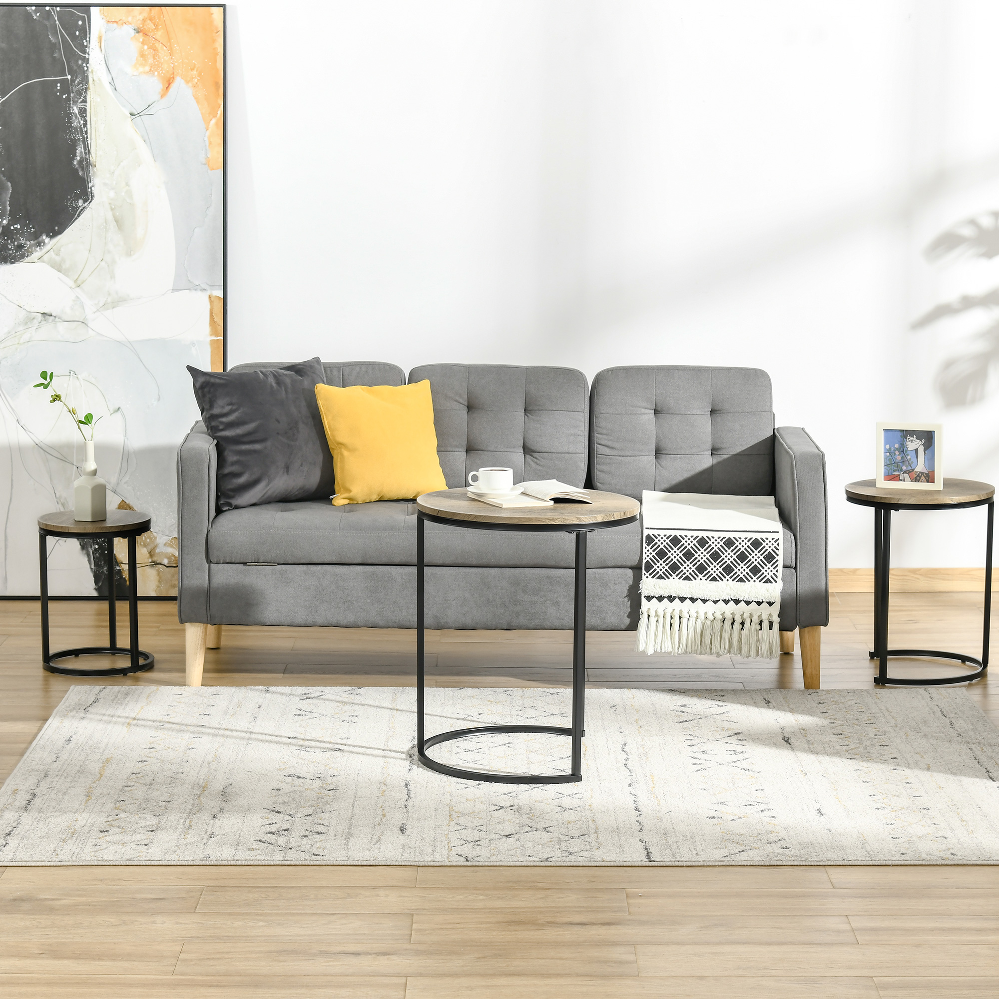 HOMCOM Round Nesting Coffee Tables, Set of 3, Steel Frame, Brown ...