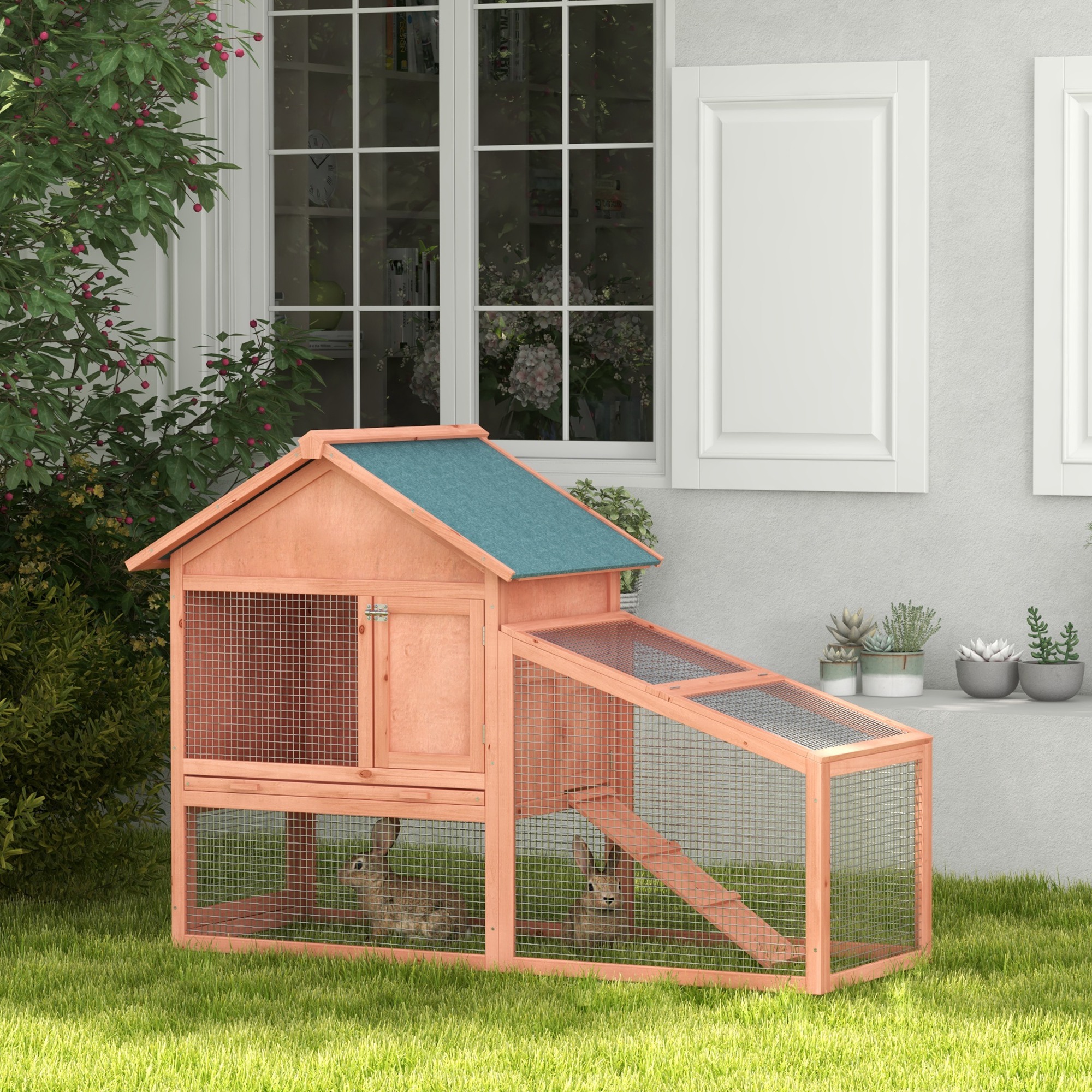PawHut Solid Wood 2 tier Rabbit Hutch Pet House Outdoor Water-Resistant ...