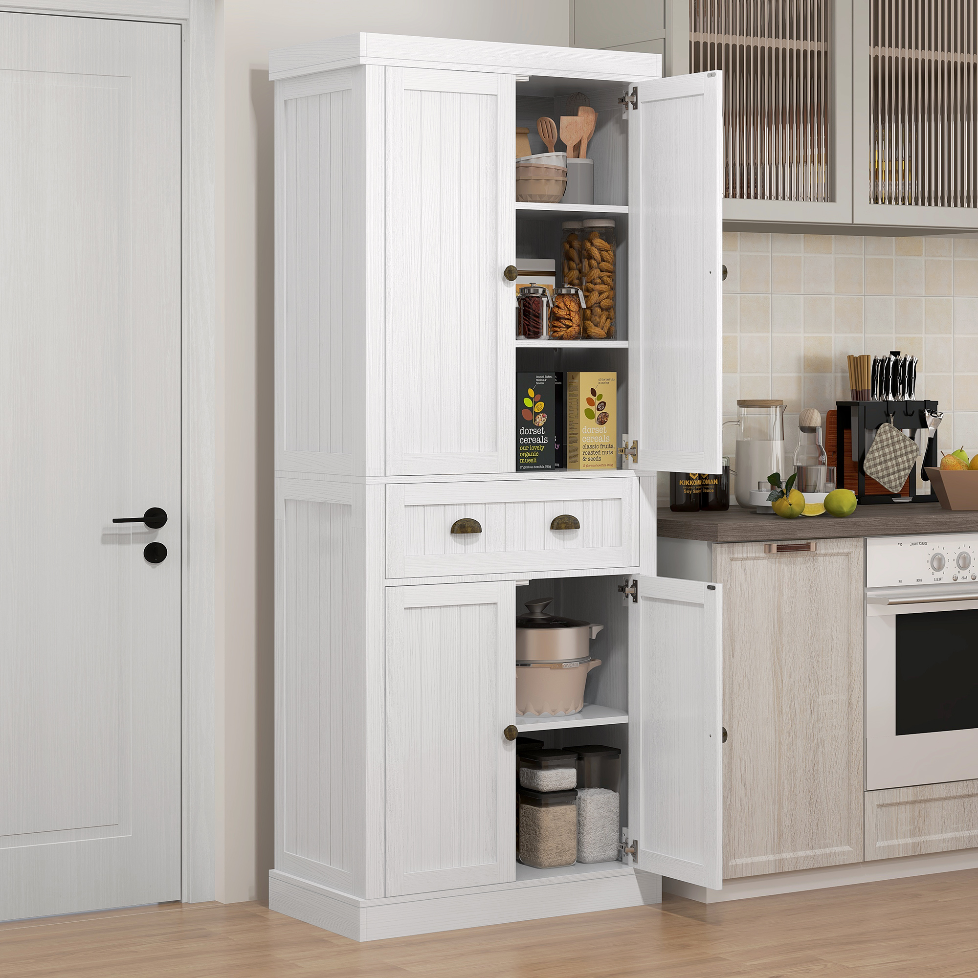 HOMCOM 72" Kitchen Cabinet, Kitchen Pantry Cabinet with 4 Doors, 2 ...