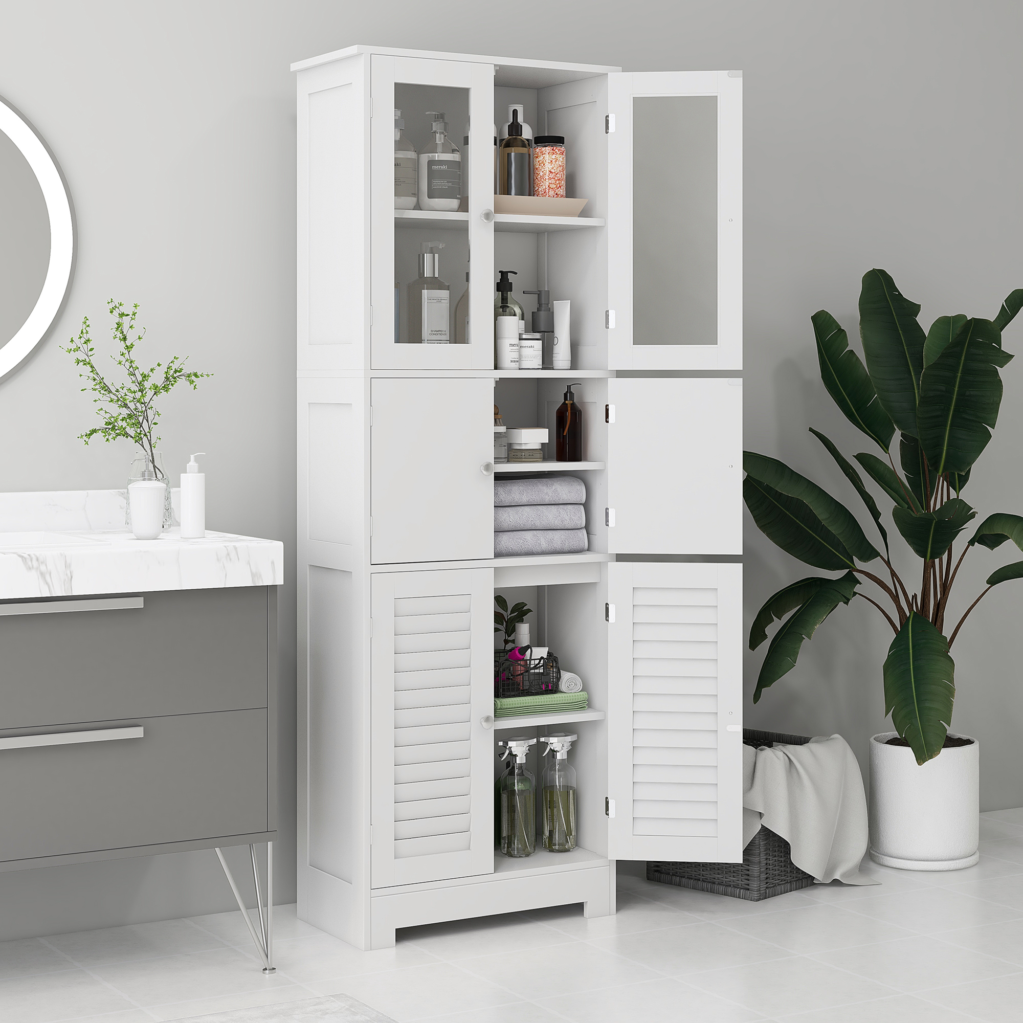 HOMCOM Freestanding Bathroom Cabinet with Glass/Louvred Doors, Tall ...