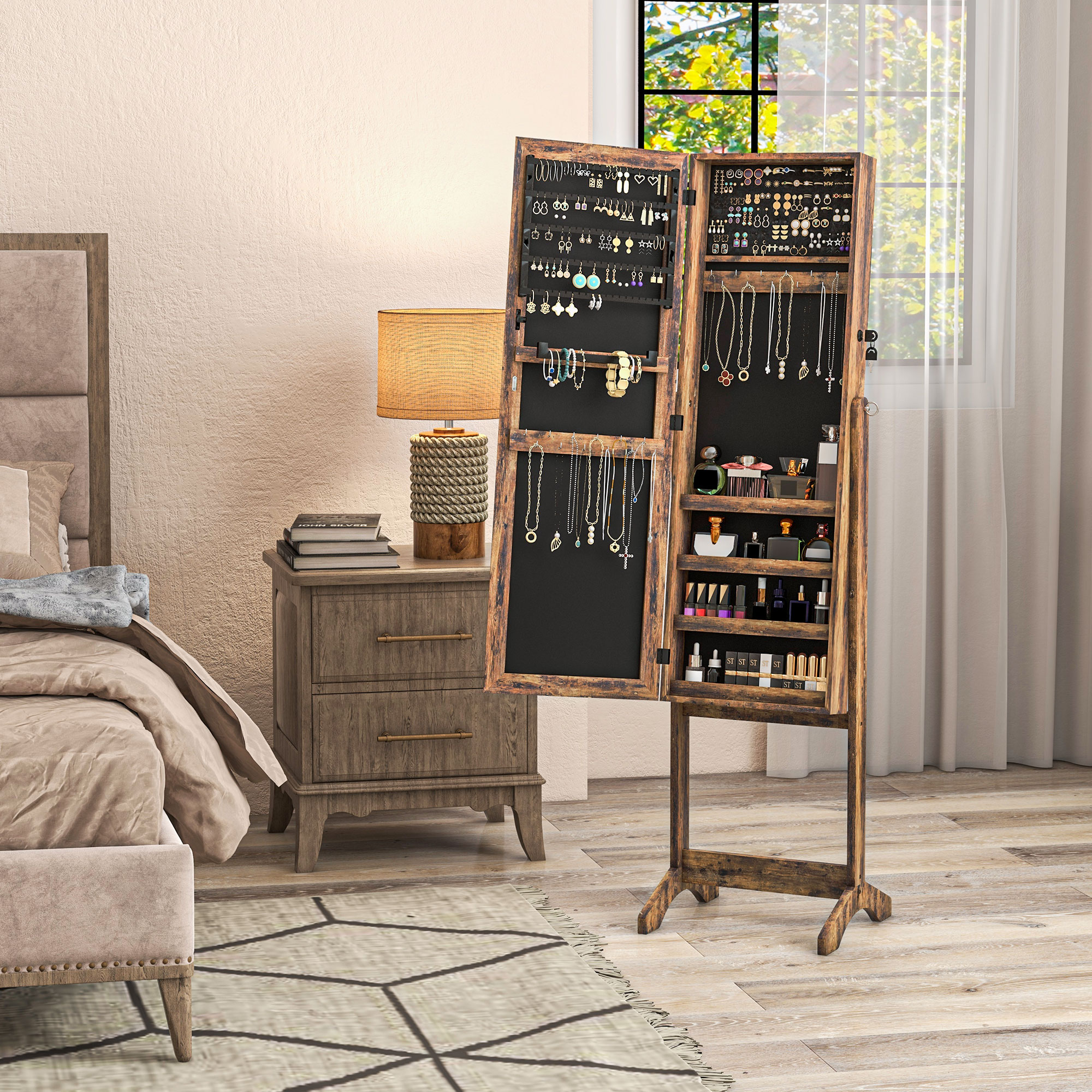 HOMCOM Lockable Mirror Jewellery Cabinet, Full-Length Mirror and ...