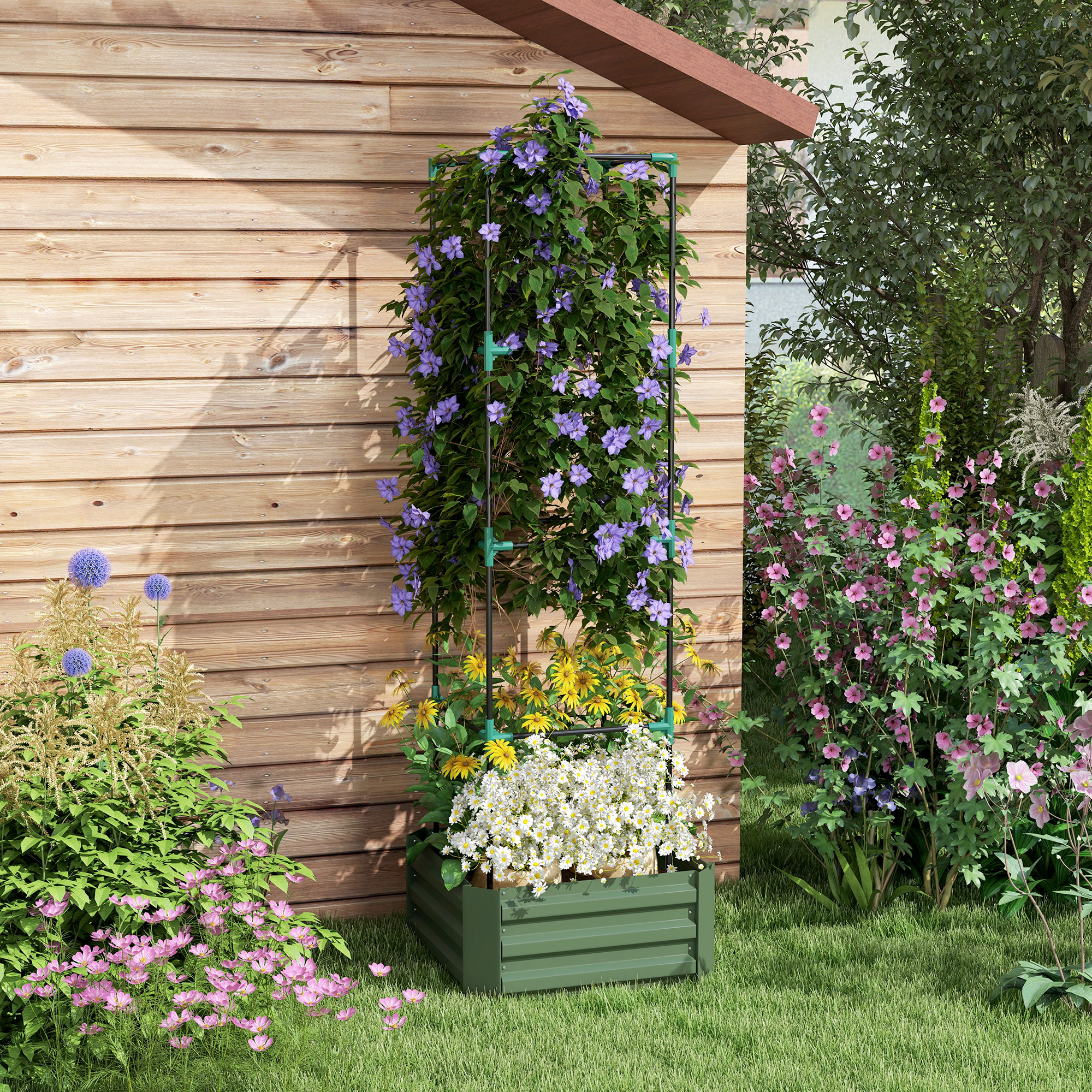 Outsunny Galvanized Planter Box, Outdoor Raised Garden Bed with 4-Tier ...