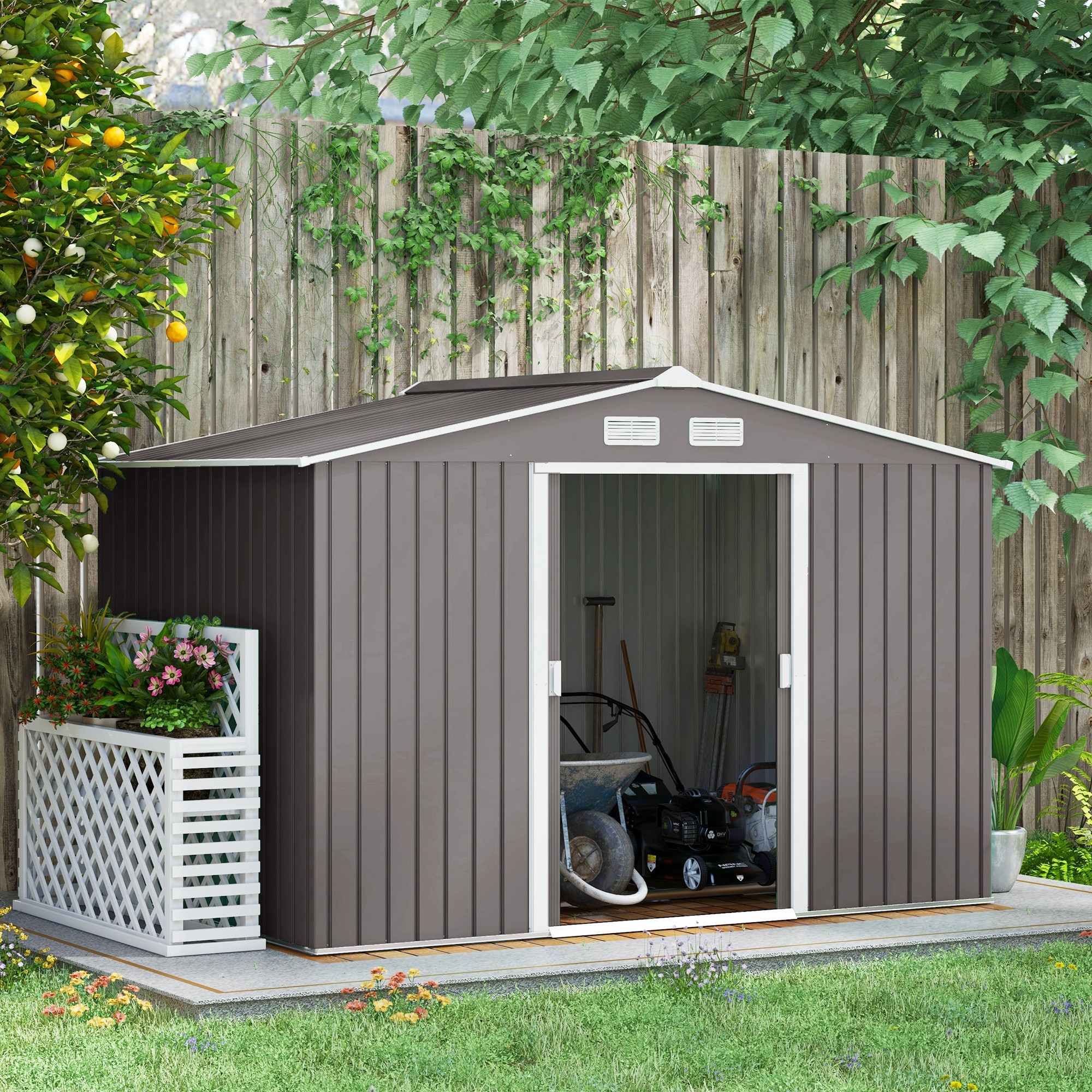 Outsunny 9x6 Garden Storage Shed w/Floor Foundation Double Doors Grey ...
