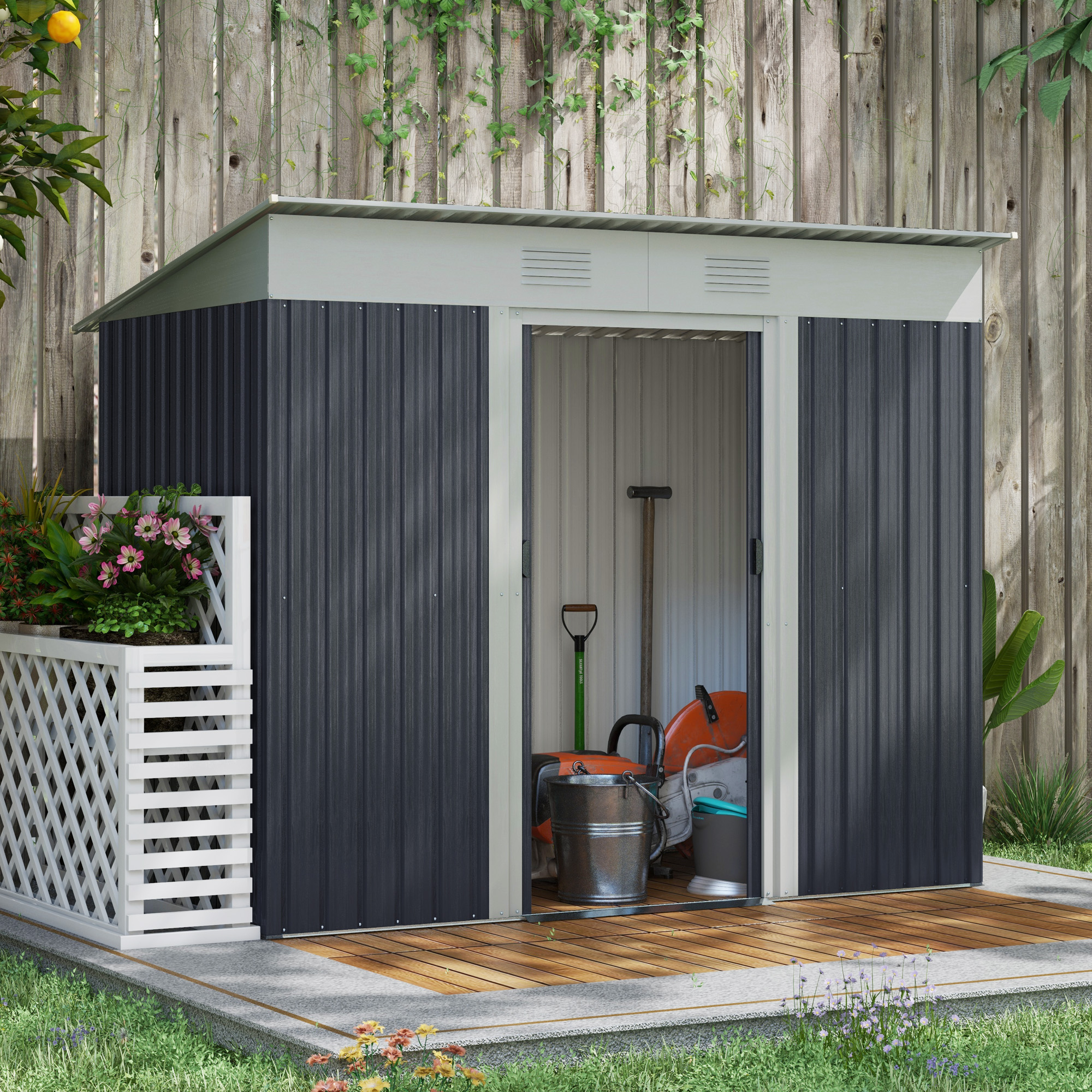 Outsunny 7' x 4' Outdoor Storage Shed, Metal Garden Tool Storage House ...