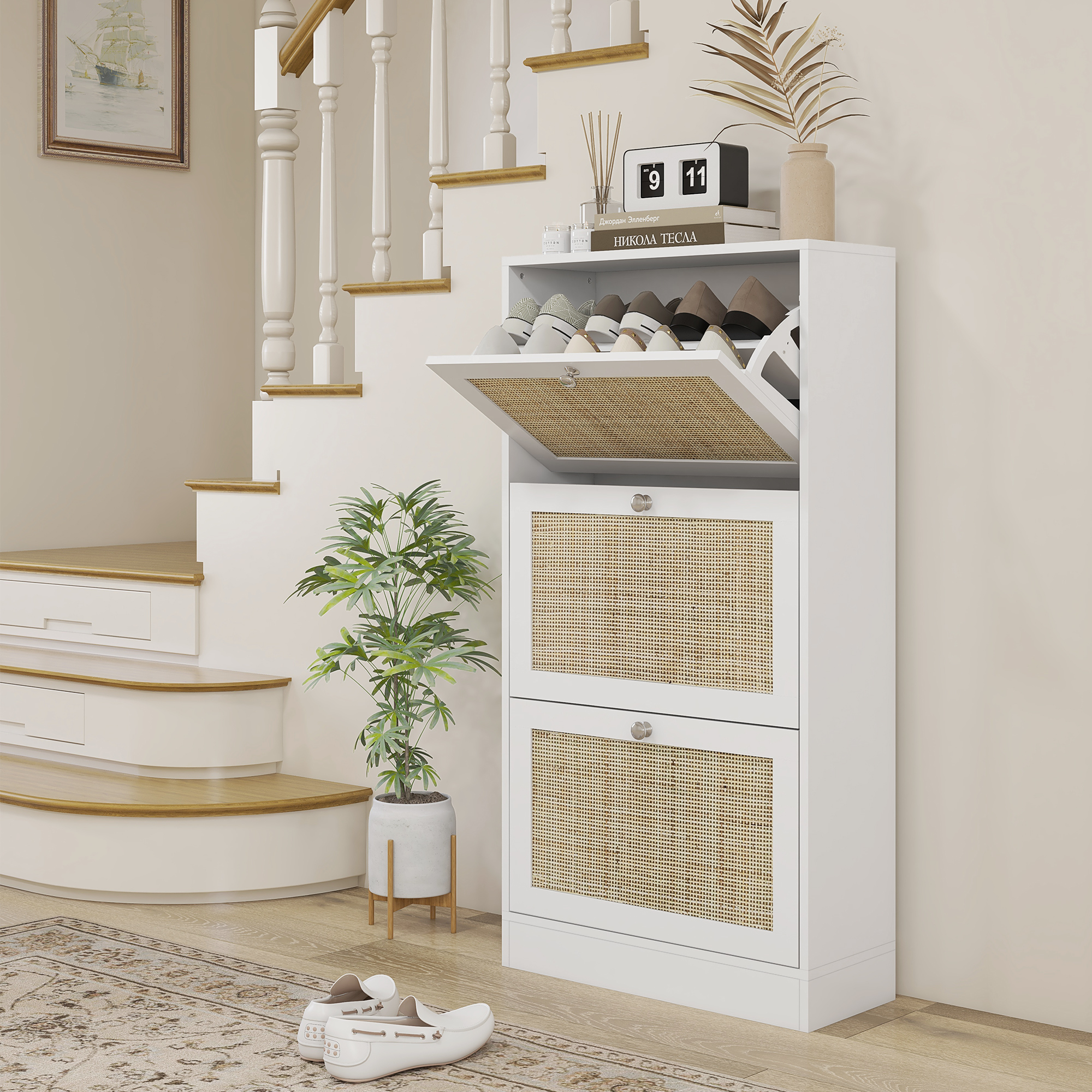 HOMCOM Rattan Shoe Storage Cabinet with 3 Flip Drawers and Adjustable ...