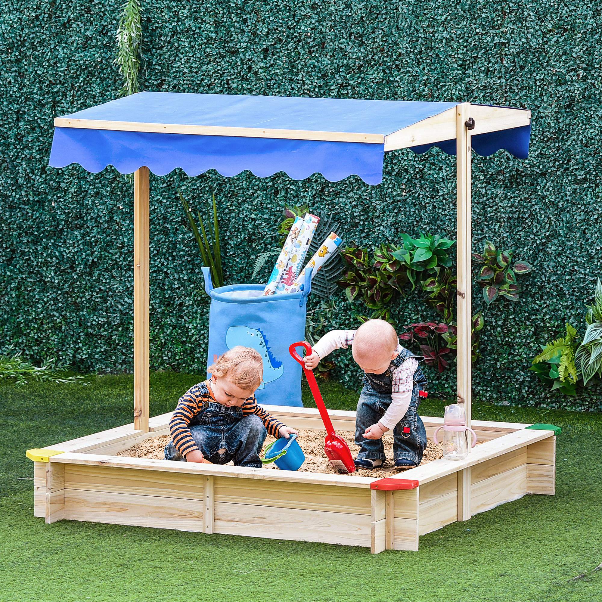 Outsunny Kids Wooden Sandbox with Canopy for Backyard 47" x 47" x 47 ...