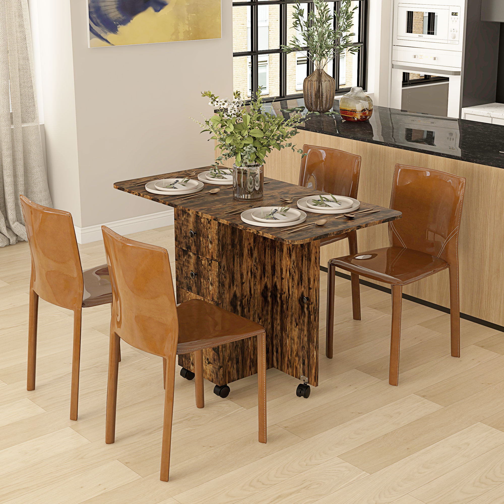 HOMCOM Drop Leaf Dining Table, Mobile Folding Table on Wheels with ...