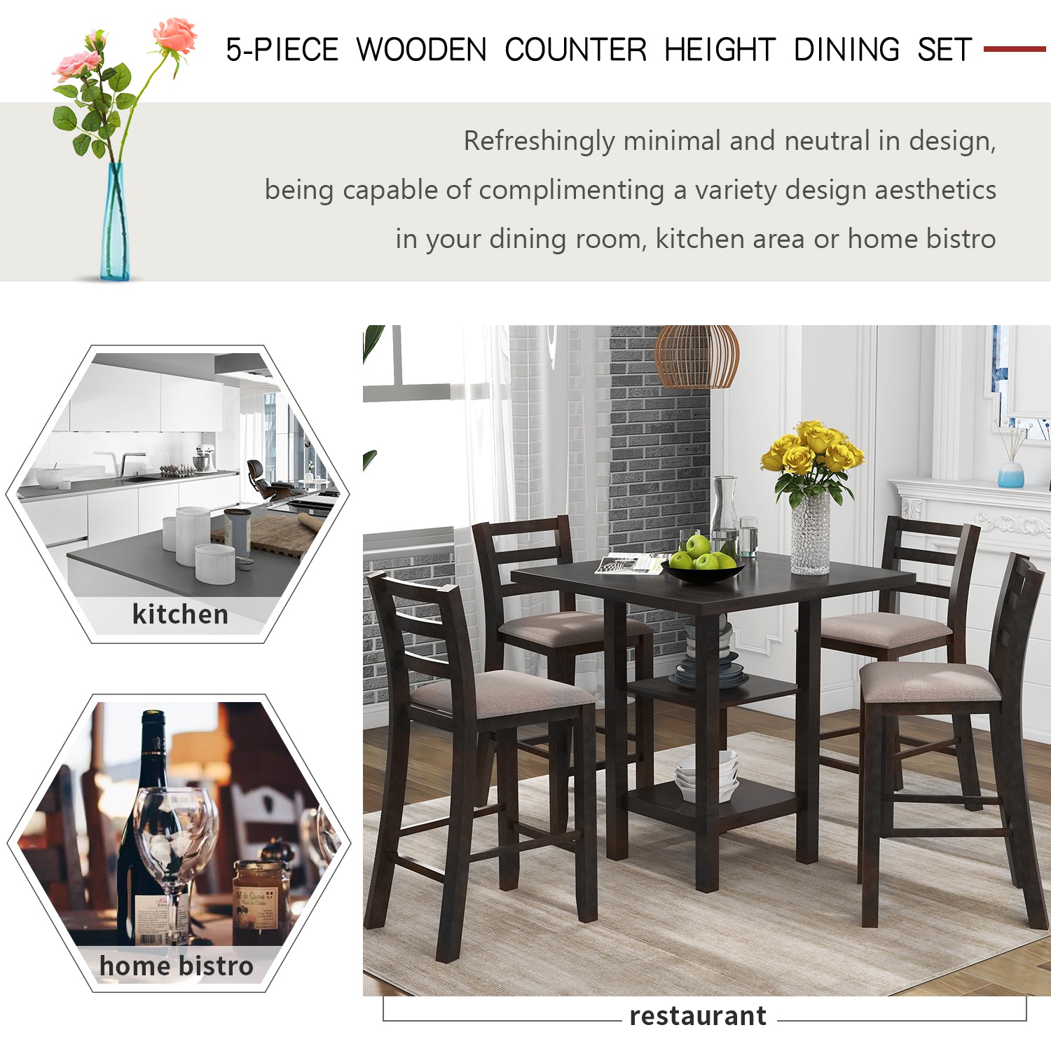 Wooden Counter Height Dining Table Set for 4 with Upholstered Chairs ...