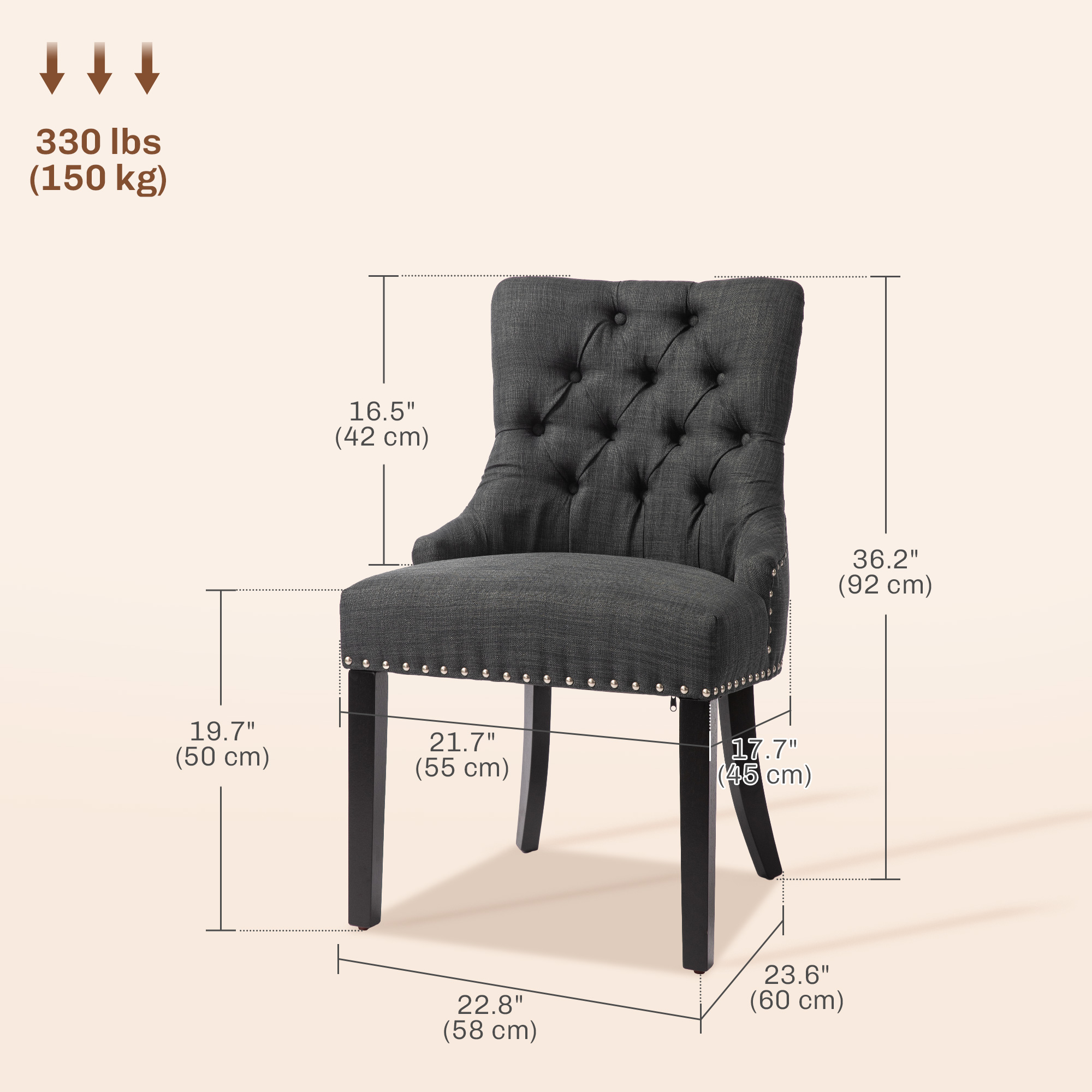 HOMCOM Swoop Air Linen Fabric Dining Chair Set of 2 with Nailhead Trim ...