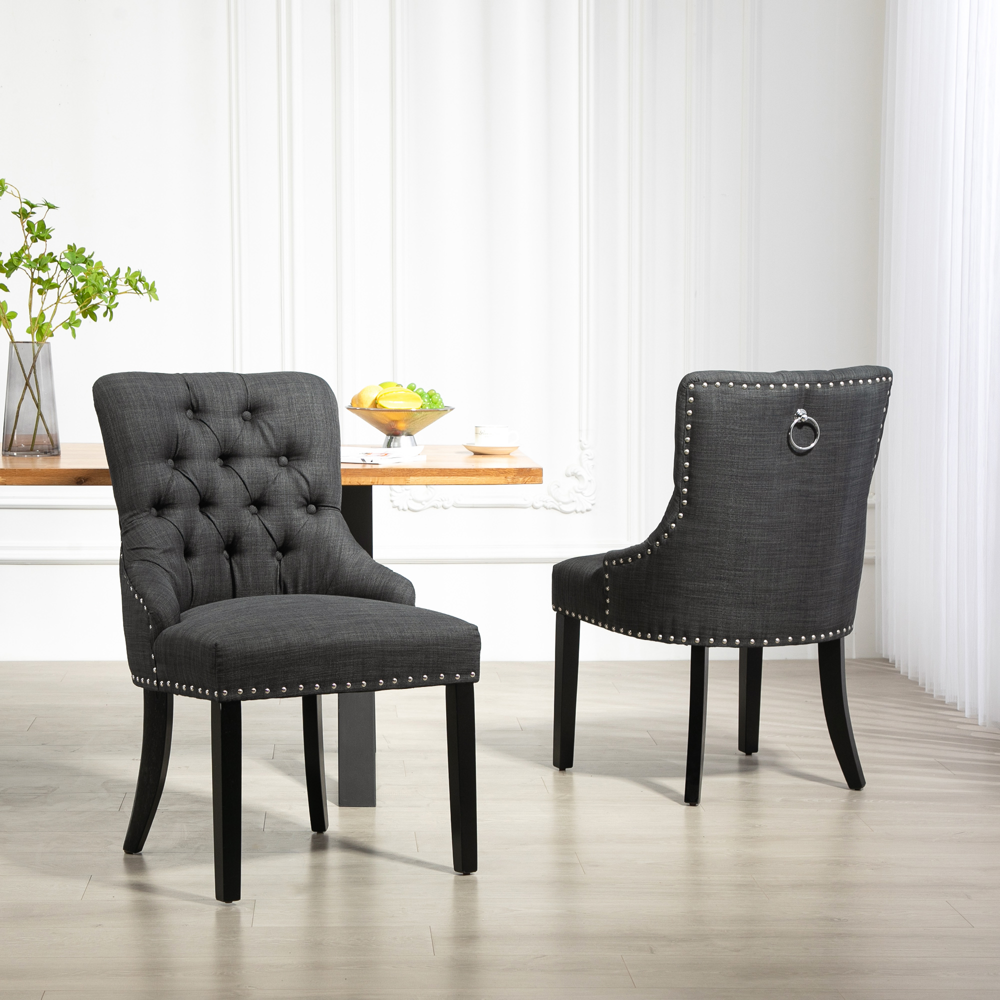 HOMCOM Swoop Air Linen Fabric Dining Chair Set of 2 with Nailhead Trim ...