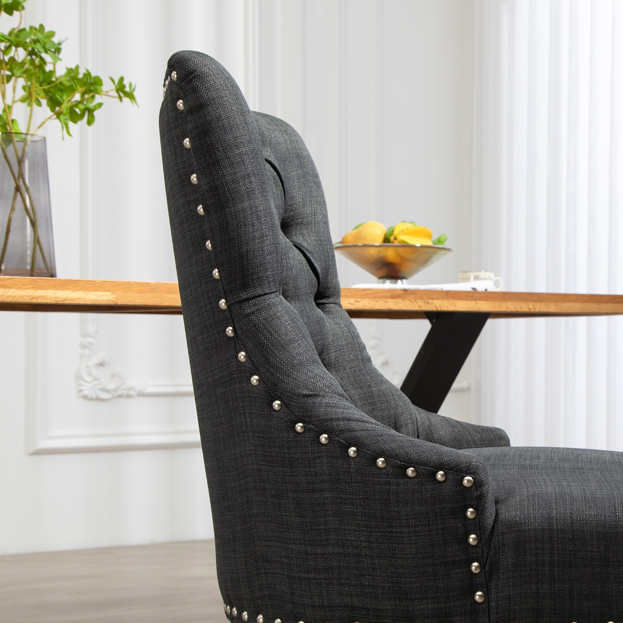 HOMCOM Swoop Air Linen Fabric Dining Chair Set of 2 with Nailhead Trim ...