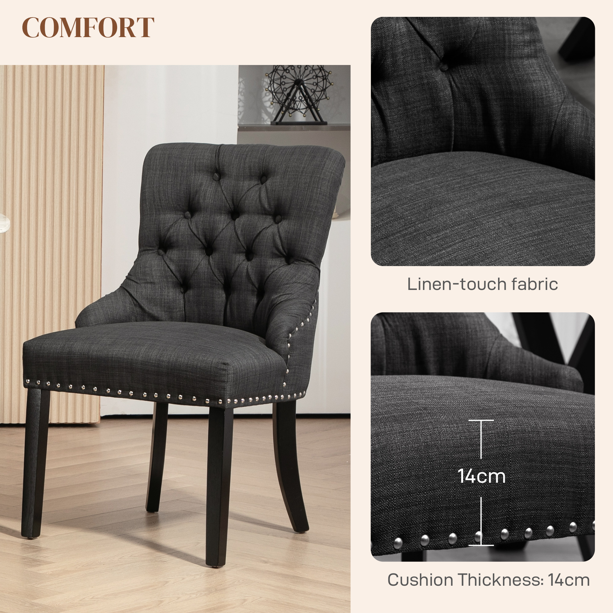 HOMCOM Swoop Air Linen Fabric Dining Chair Set of 2 with Nailhead Trim ...