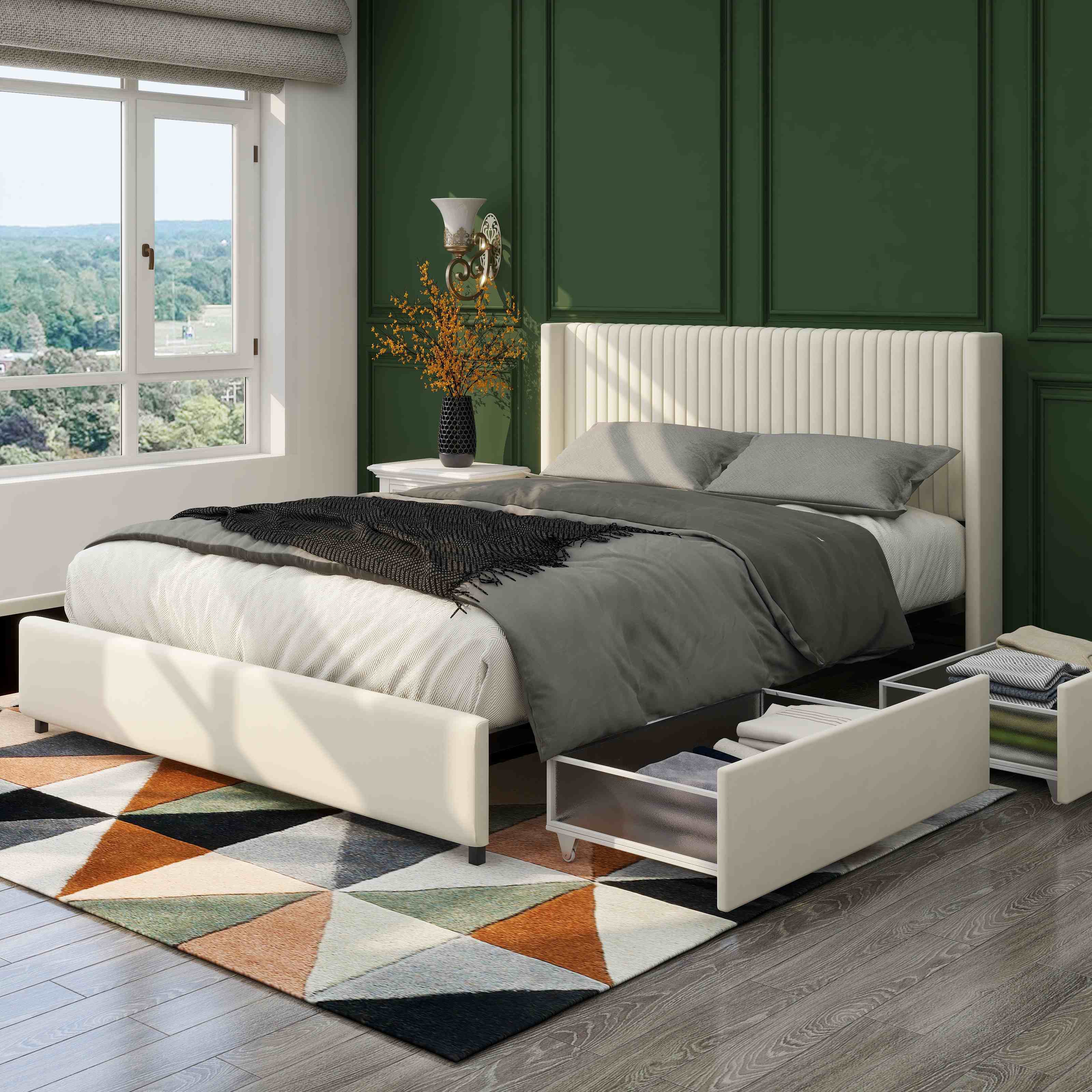 Anna Queen Size Velvet Upholstered Wingback Platform Bed Frame with 4 ...
