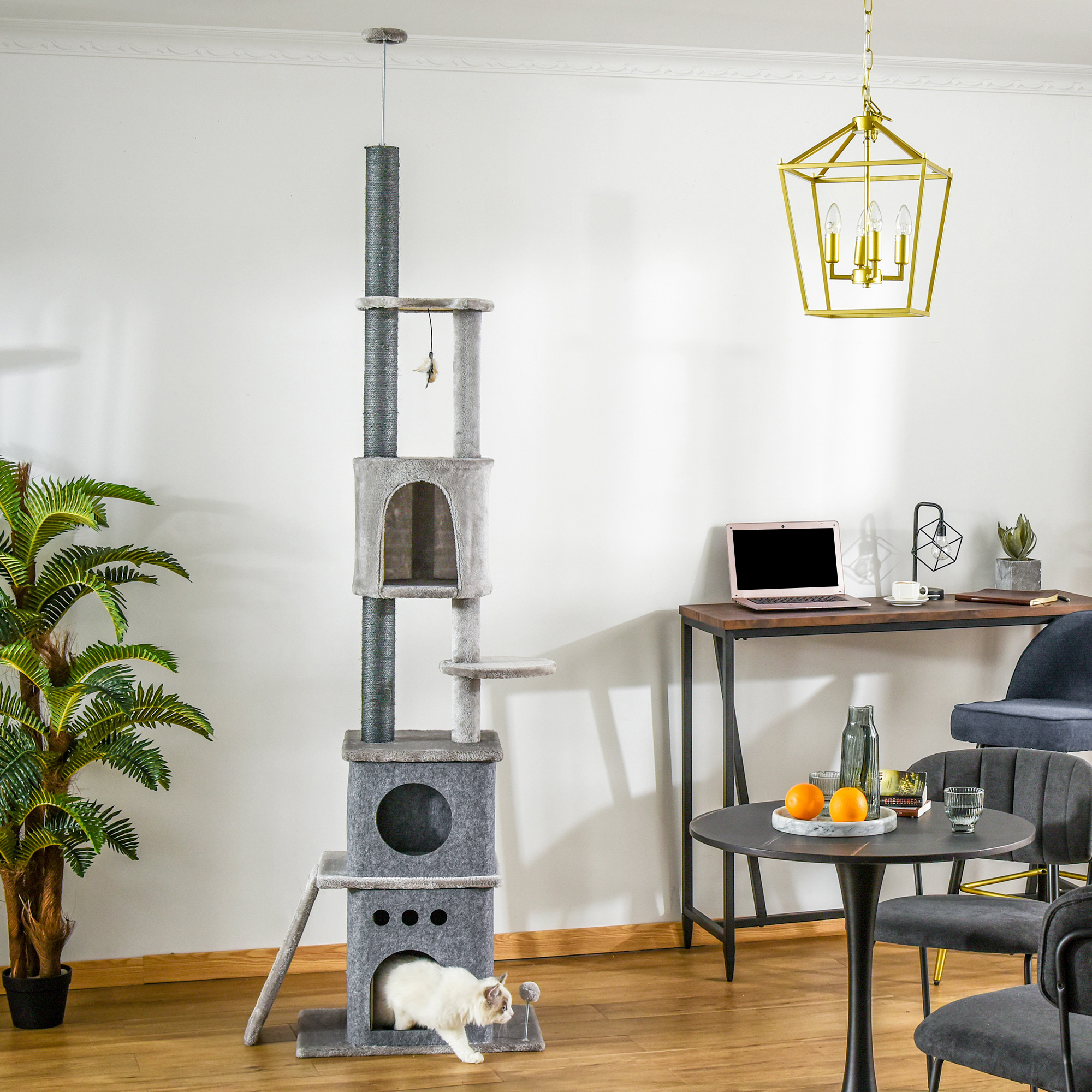 PawHut 89"-100" Floor to Ceiling Cat Tree 6-Tier Cat Climbing Tower ...