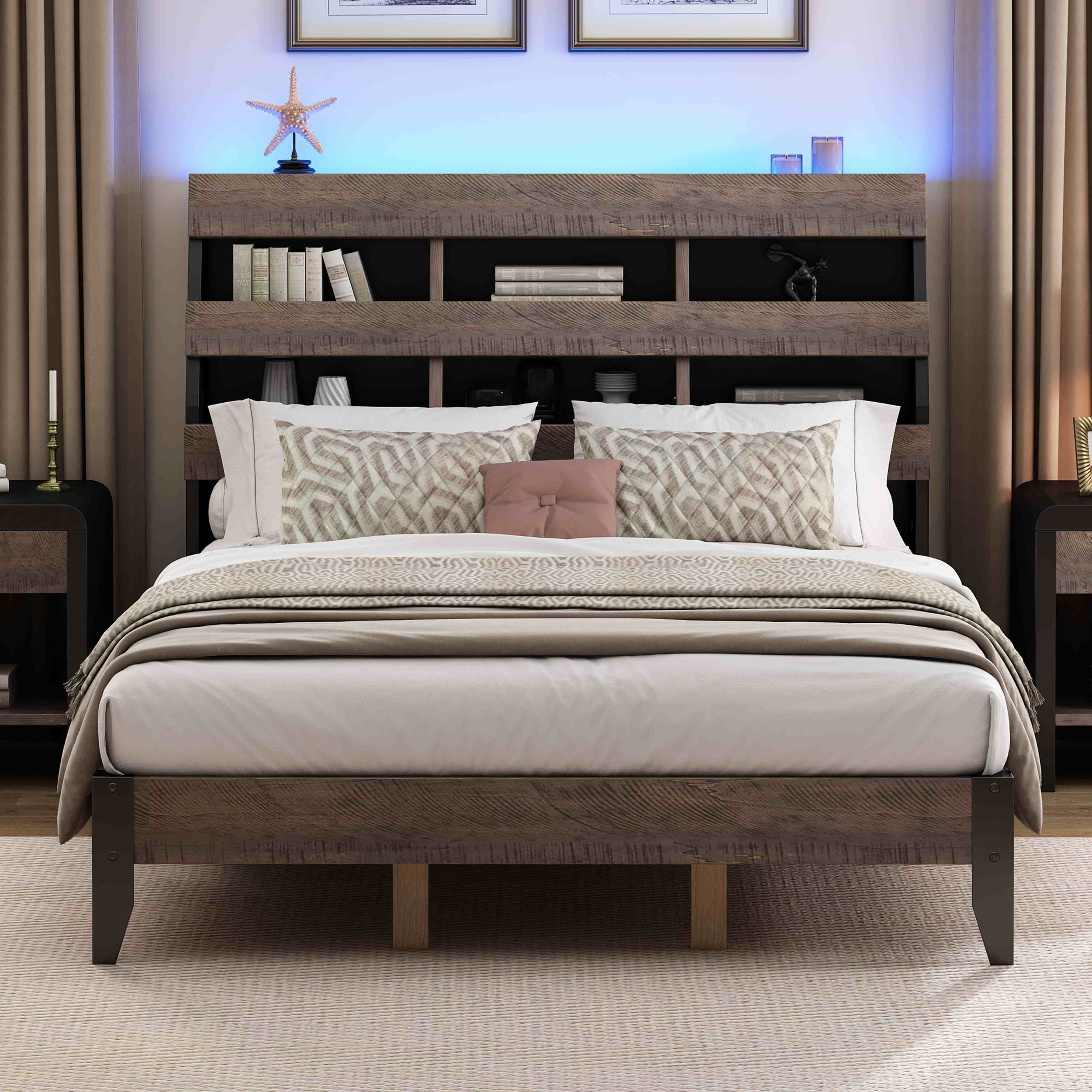 Vinsetto Mid Century Modern Queen Bed Frame with Bookshelf, LED Lights ...