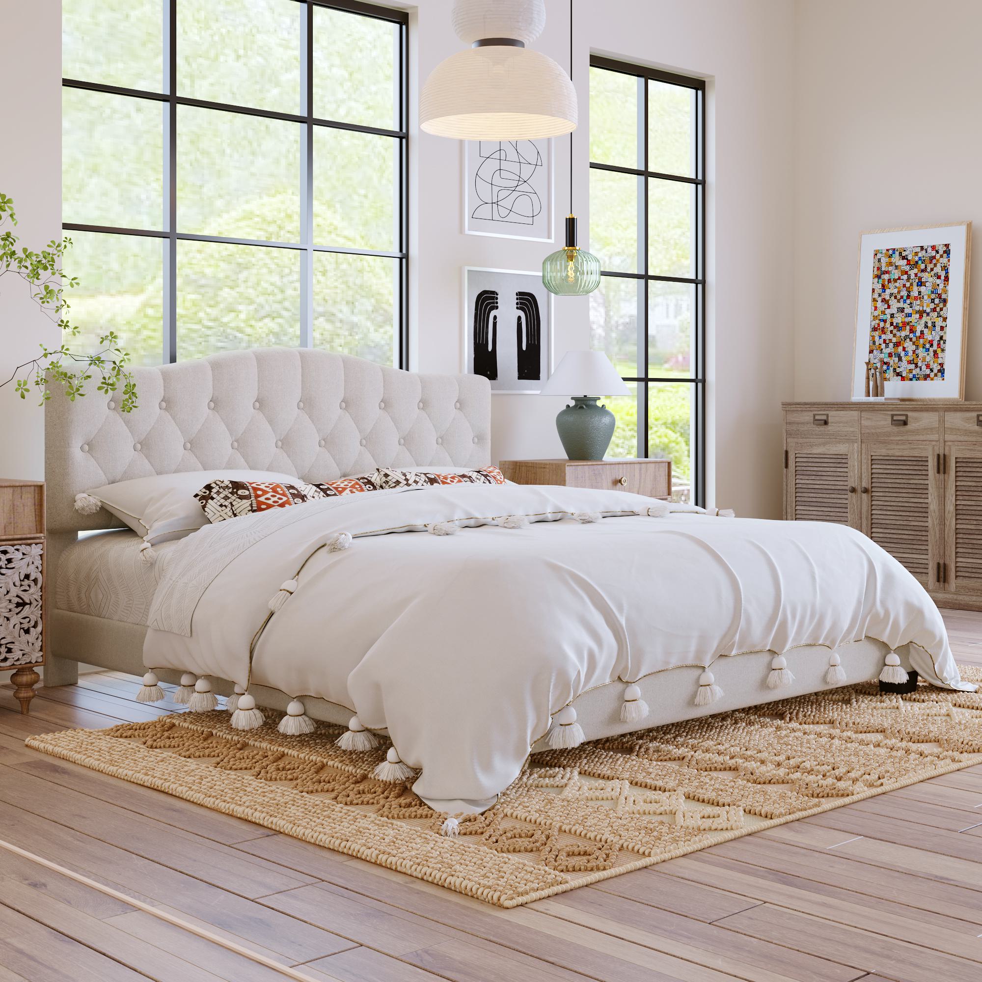 Upholstered Platform Bed with Saddle Curved Headboard and Diamond Tufted Details King Beige