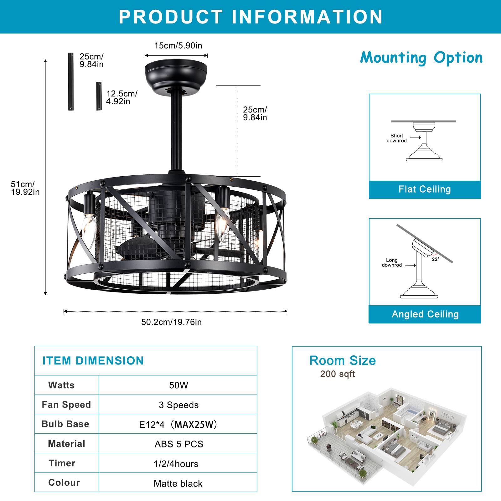 20'' Industrial Ceiling Fan with Remote Control, Matte Black | Aosom.com