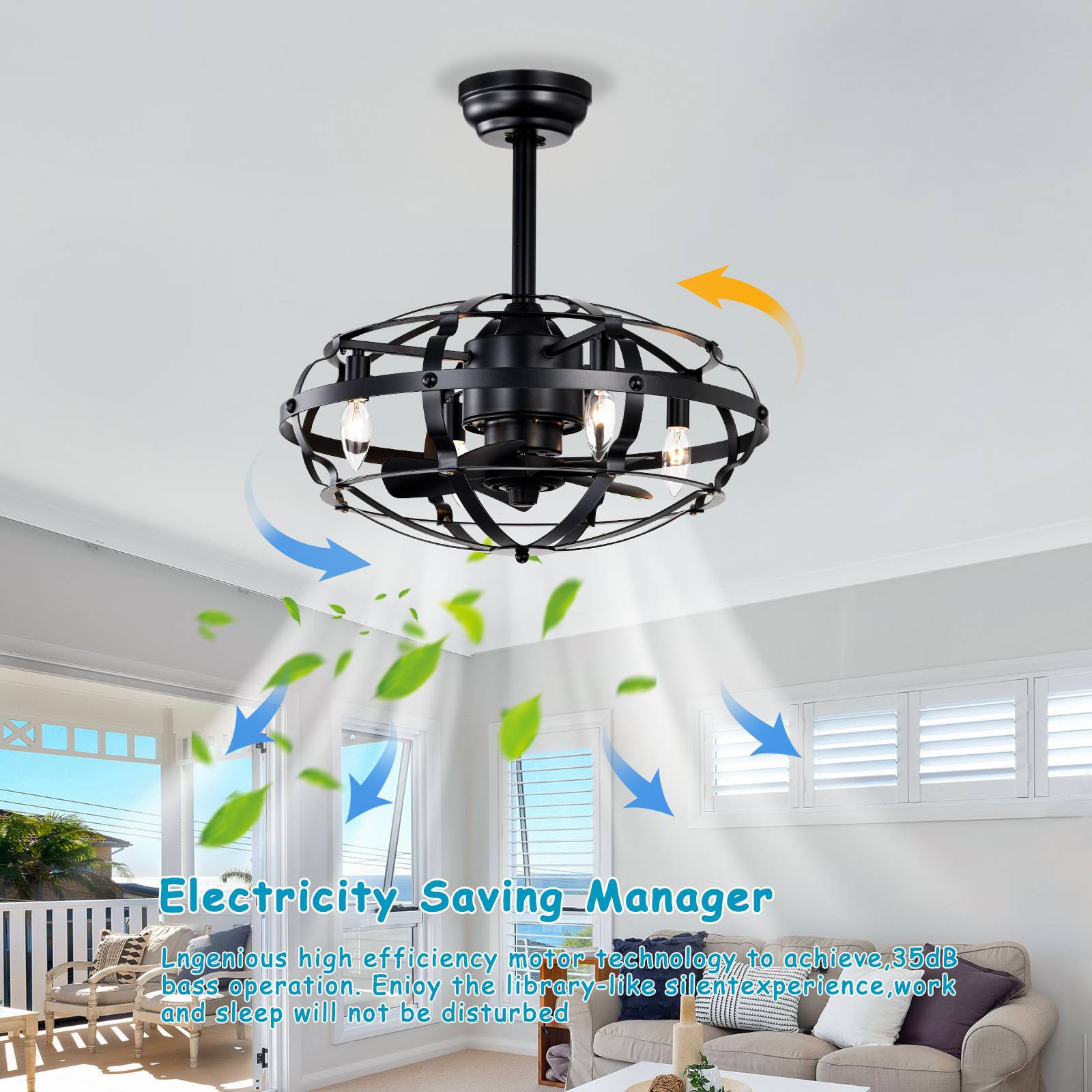 Industrial Bladeless Ceiling Fan with Lights and Remote, 18" Caged ...