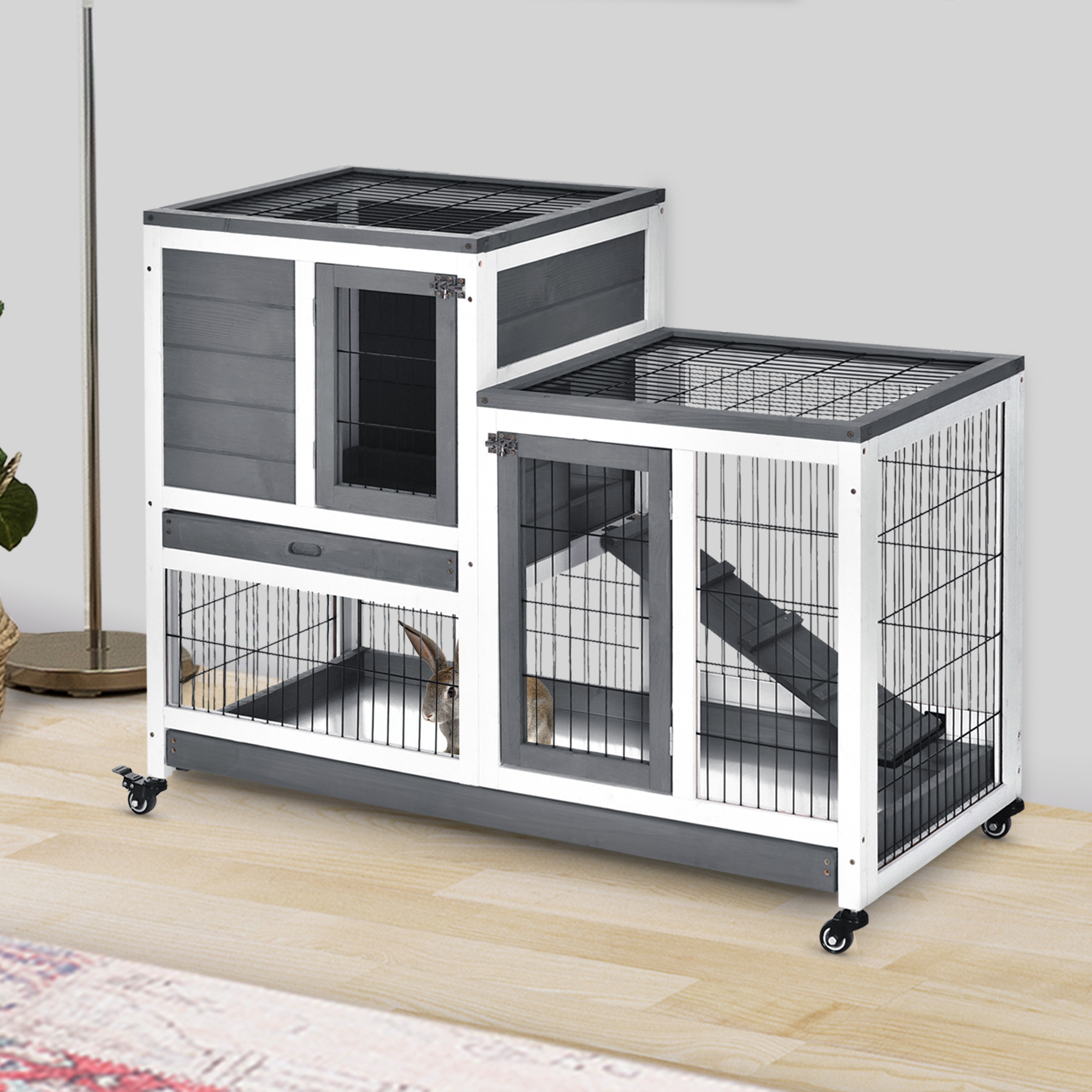 PawHut Wooden Indoor Rabbit Hutch Elevated Cage Habitat with Enclosed ...