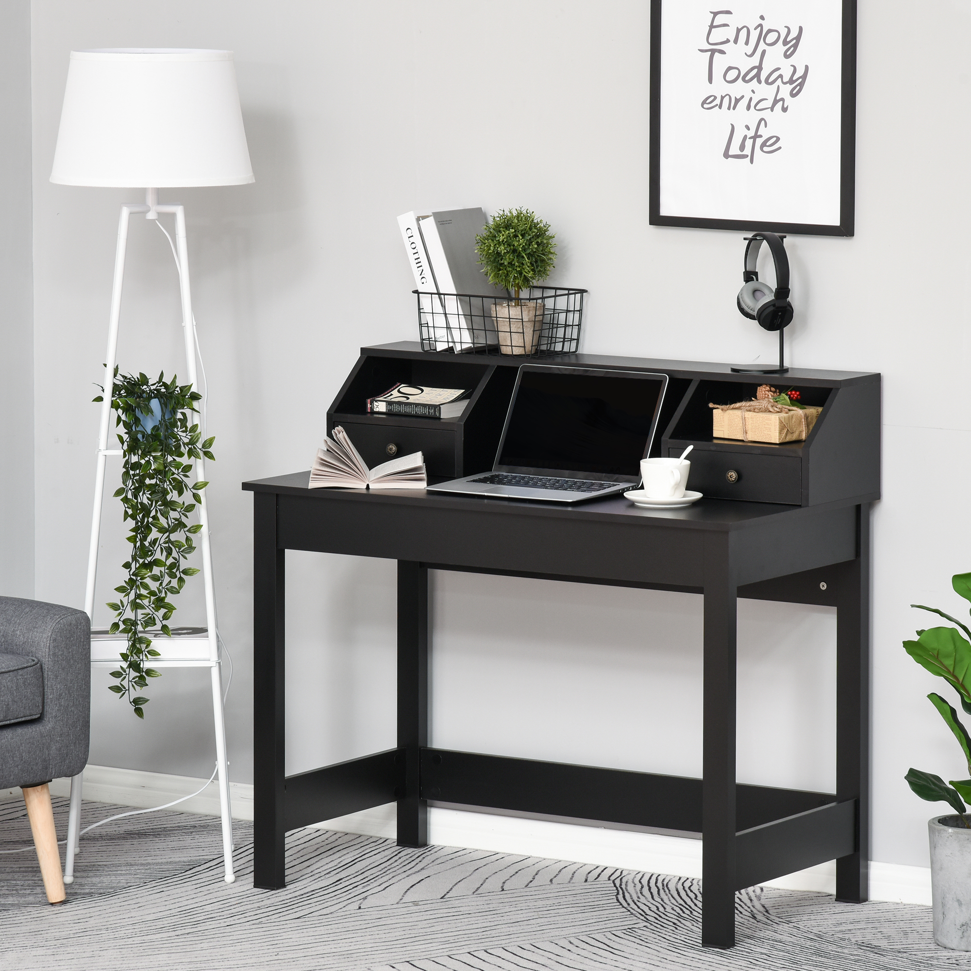 HOMCOM Rectangle Computer Desk with Display Shelves Drawers Home Office ...