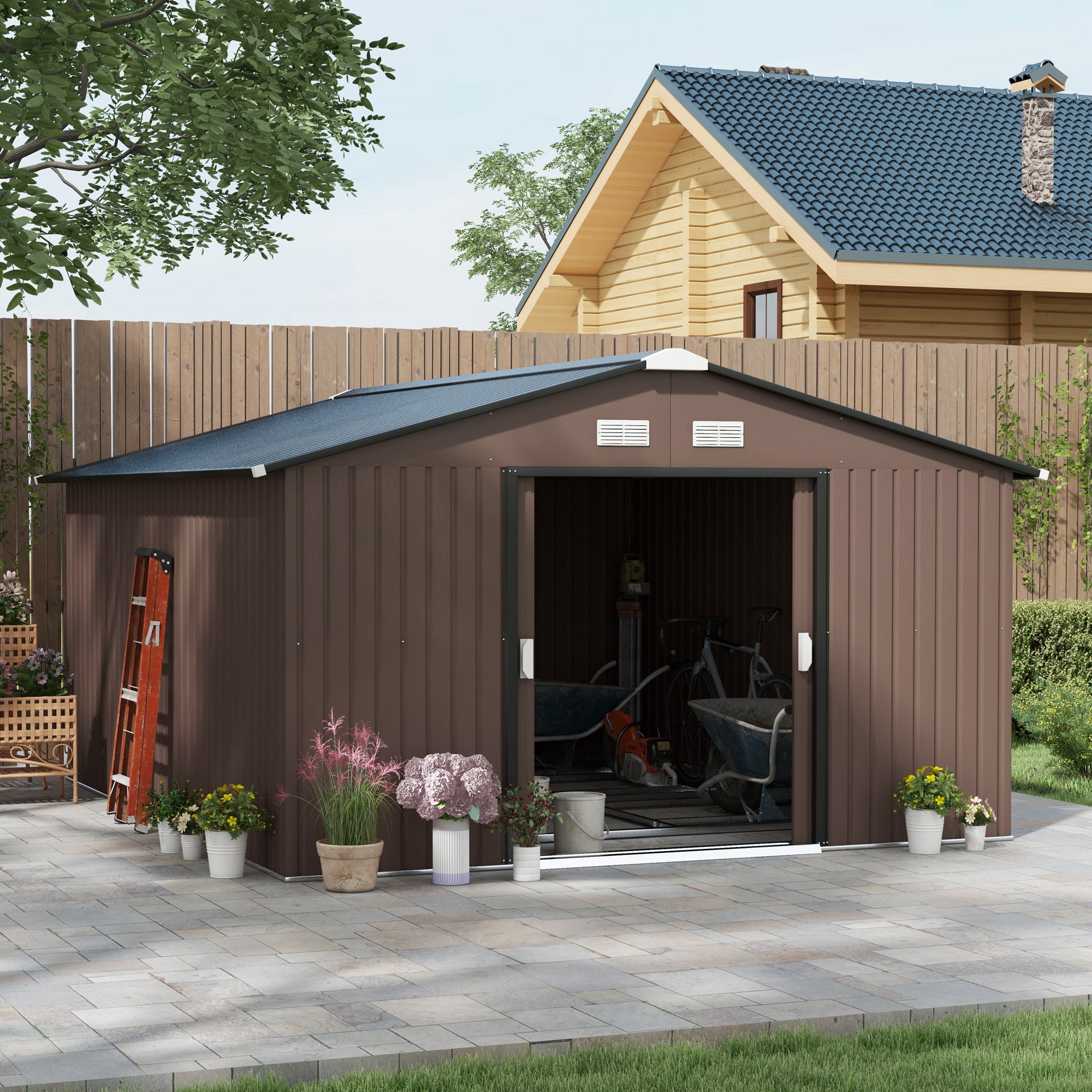 Outsunny Metal Garden Shed Brown Storage Utility Double Locking Doors ...