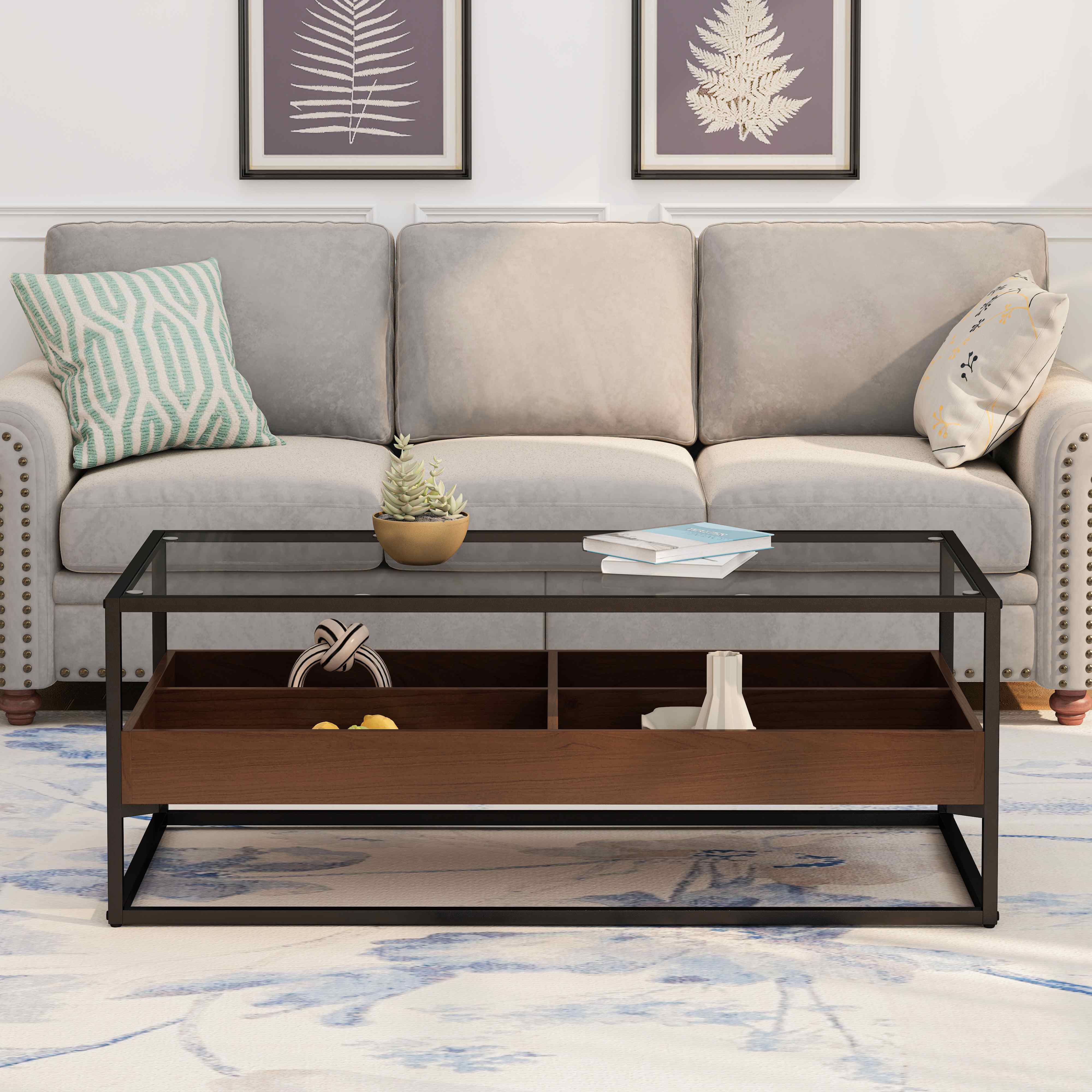 47.24" Rectangle Glass Coffee Table with Storage Shelf and Metal Legs ...