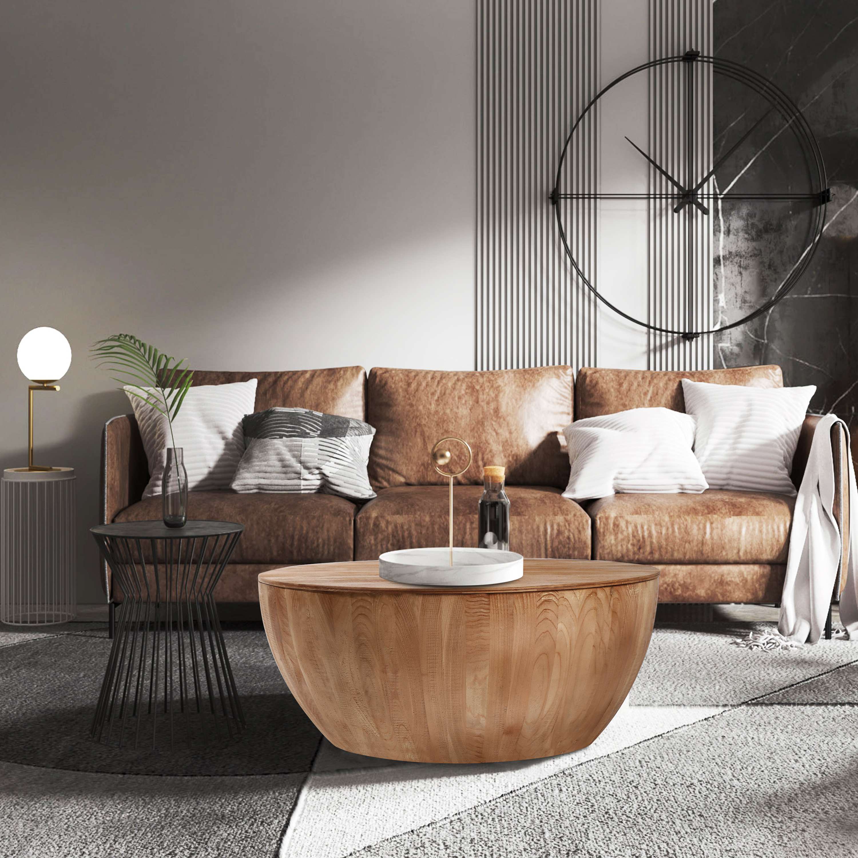Vintage Style Bucket Shaped Coffee Table with Storage, Natural | Aosom.com