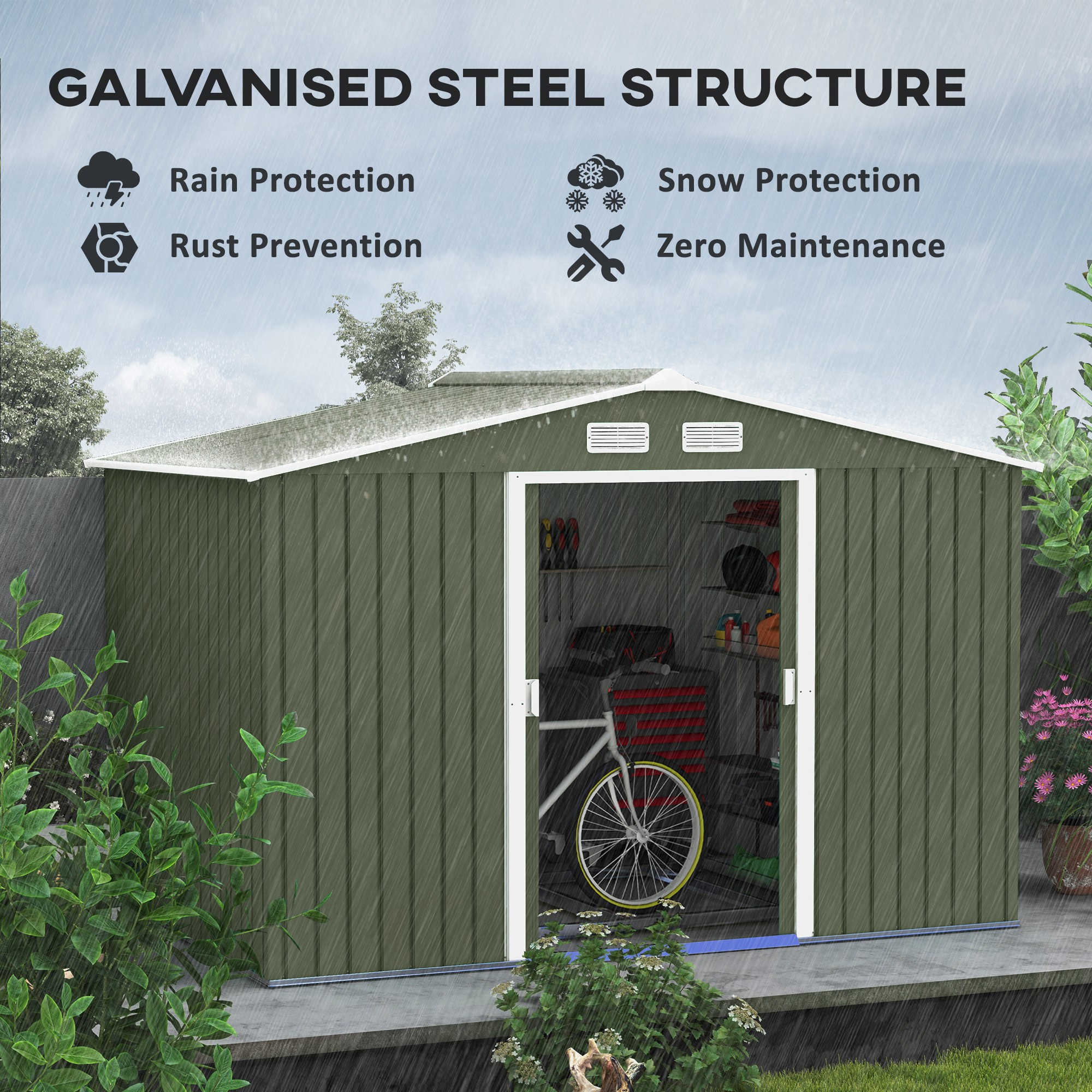 Outsunny Metal Garden Tool Shed 9x6 Double Sliding Doors Air Vents ...
