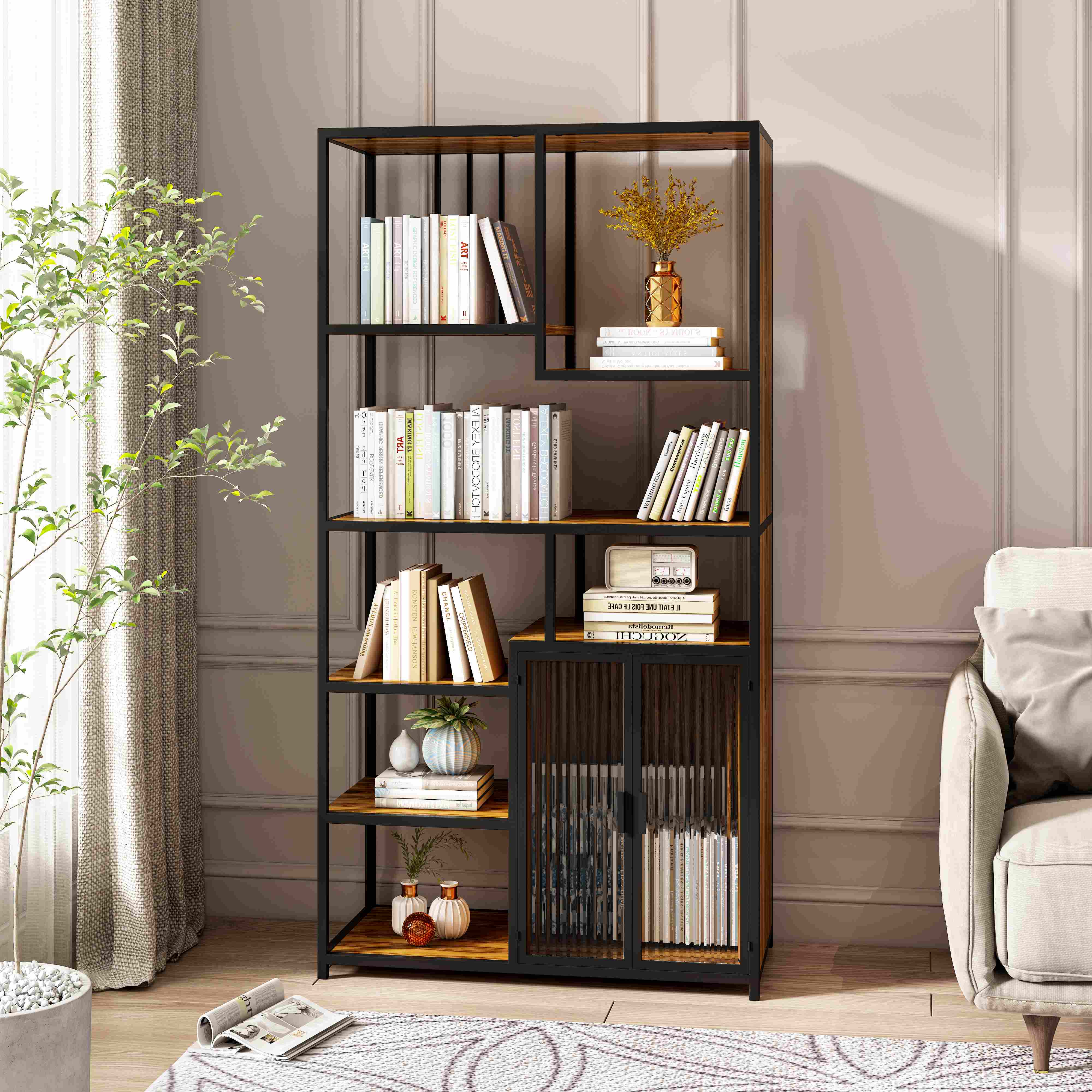 Multipurpose Bookshelf Storage Rack with Enclosed Cabinet, Black+Brown ...