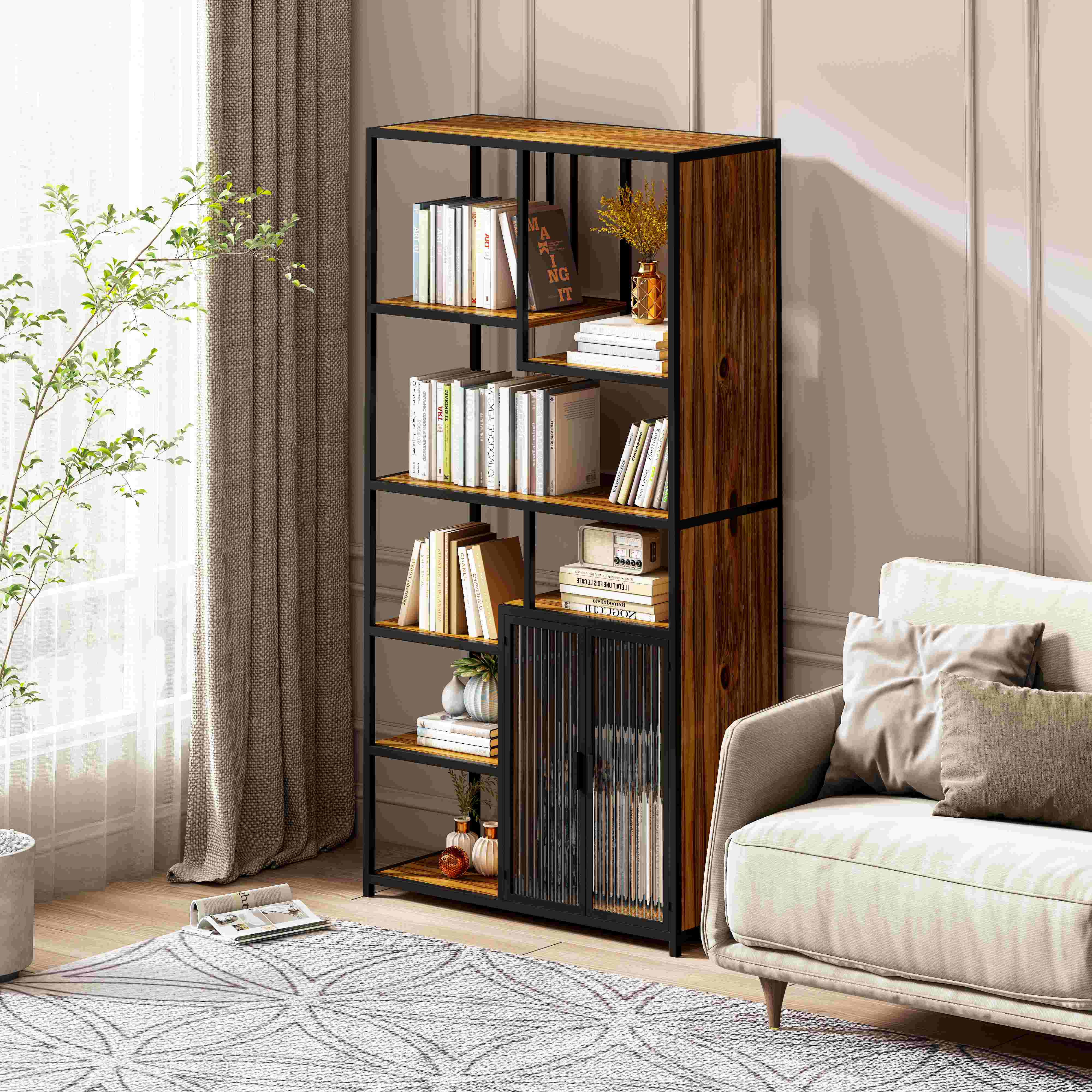 Multipurpose Bookshelf Storage Rack with Enclosed Cabinet, 7 Shelves ...