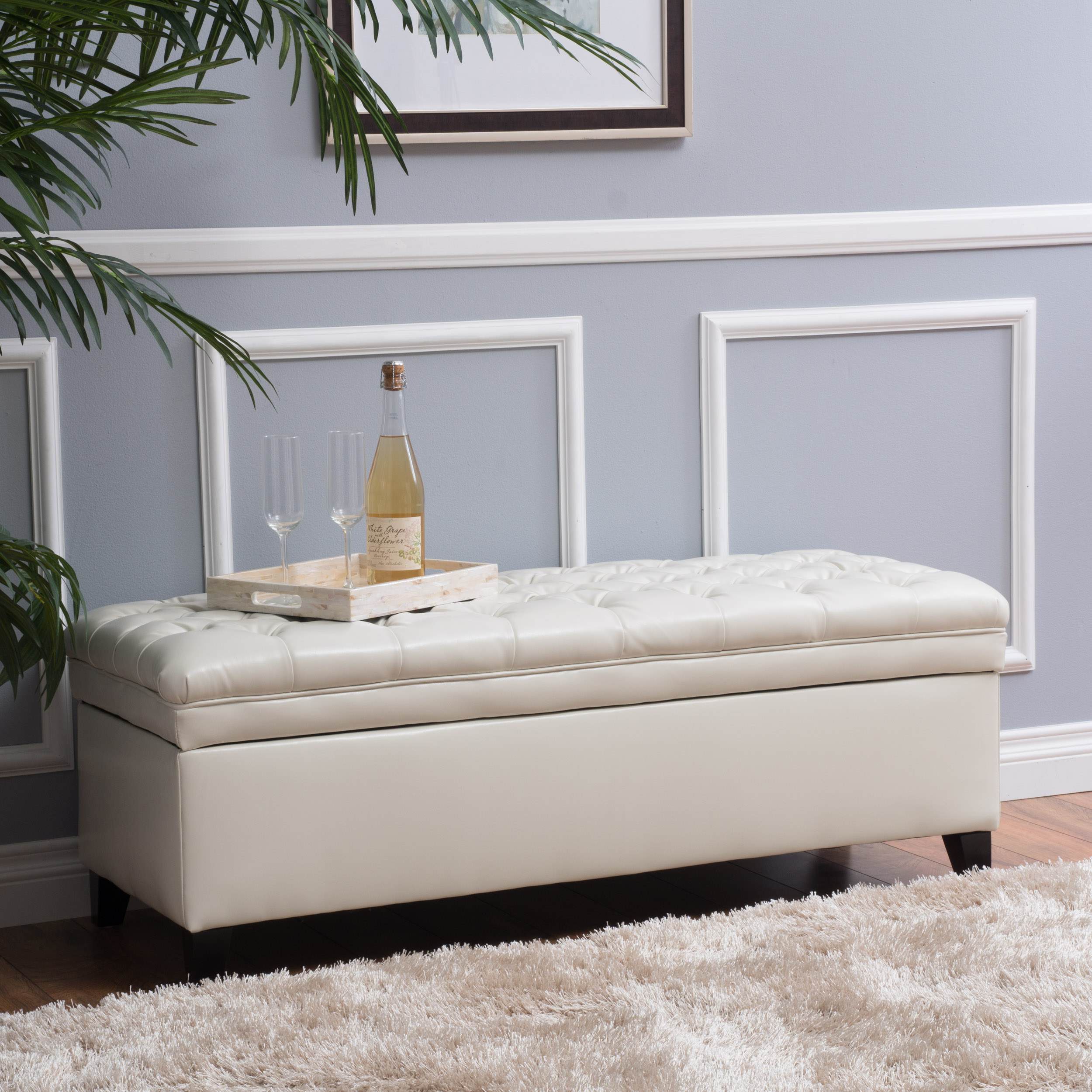 Storage Ottoman with Birch Legs Ivory Aosom