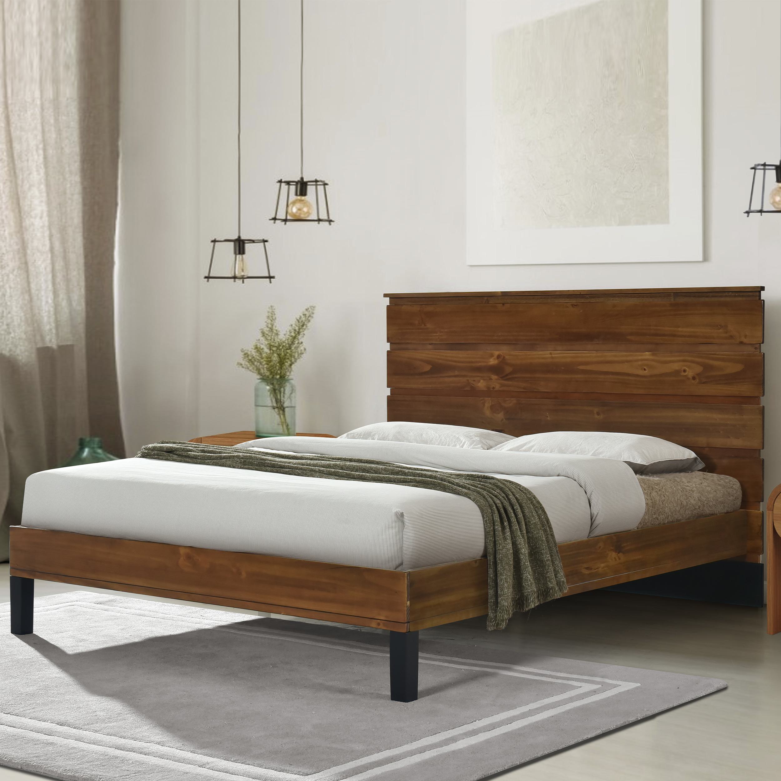 Mid Century Modern Solid Wood Queen Bed Frame with Six Piece Headboard Brown Aosom