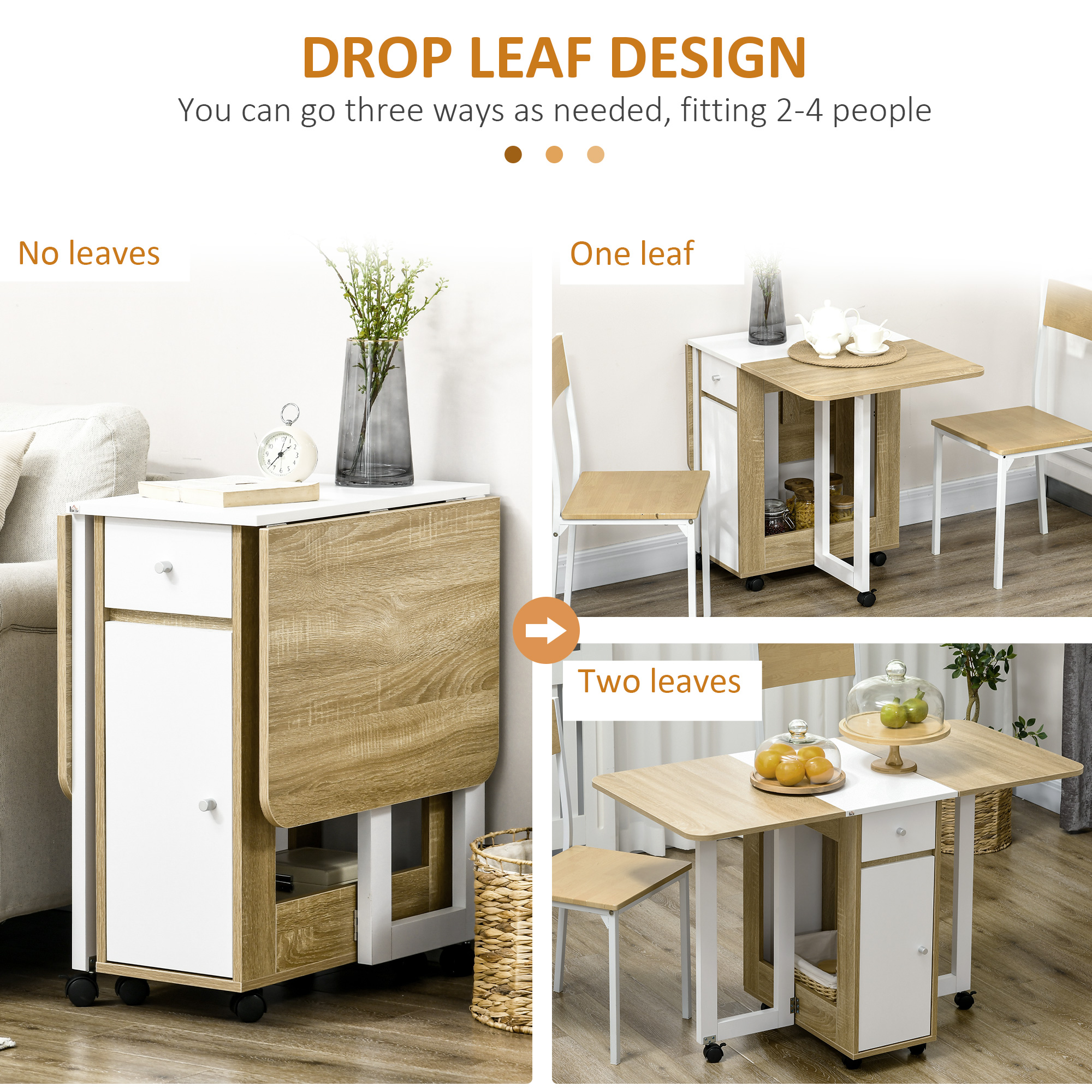 HOMCOM Foldable Dining Table, Movable Drop Leaf Table for Small Spaces ...