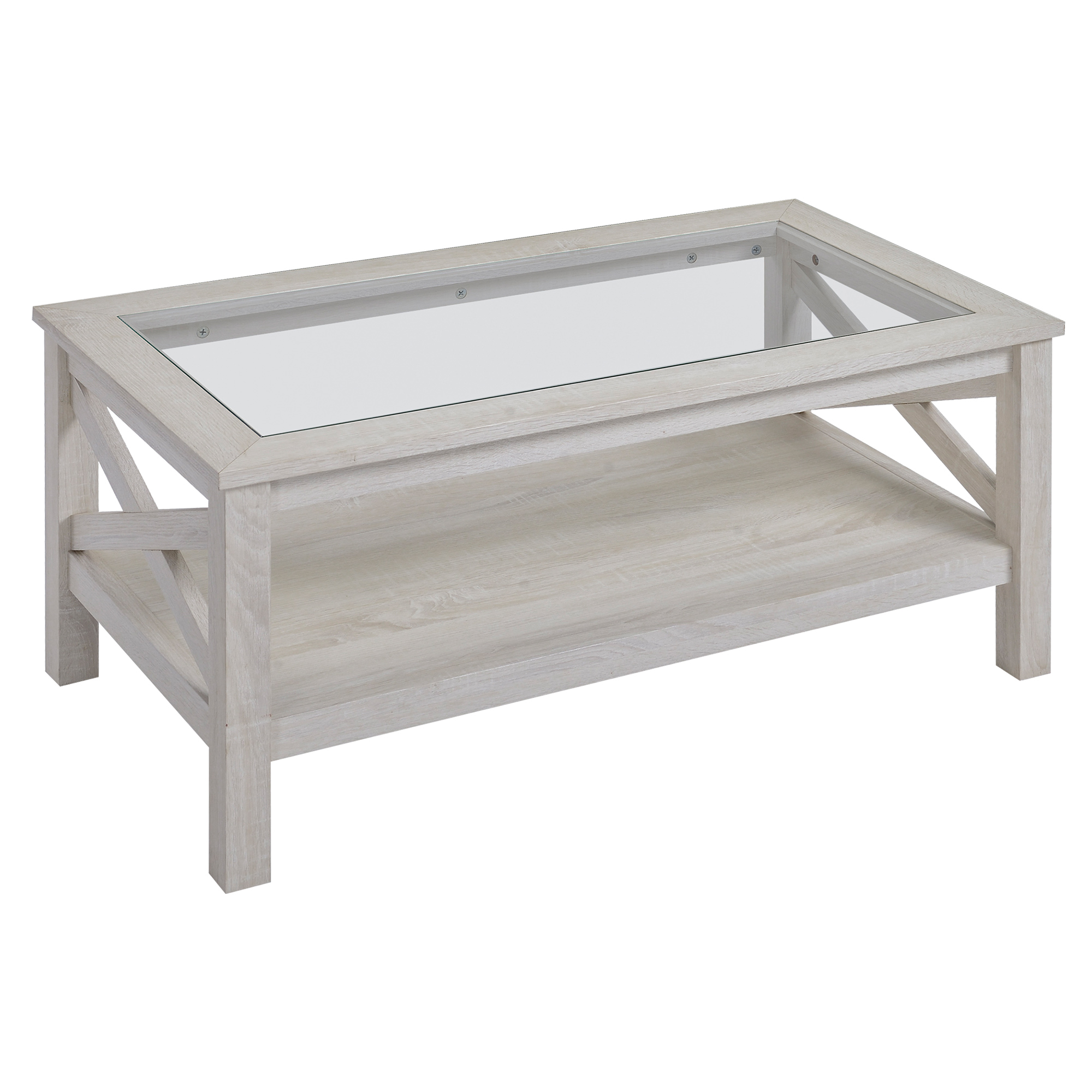 HOMCOM Farmhouse Coffee Table with Tempered Glass Table Top, 2-tier ...