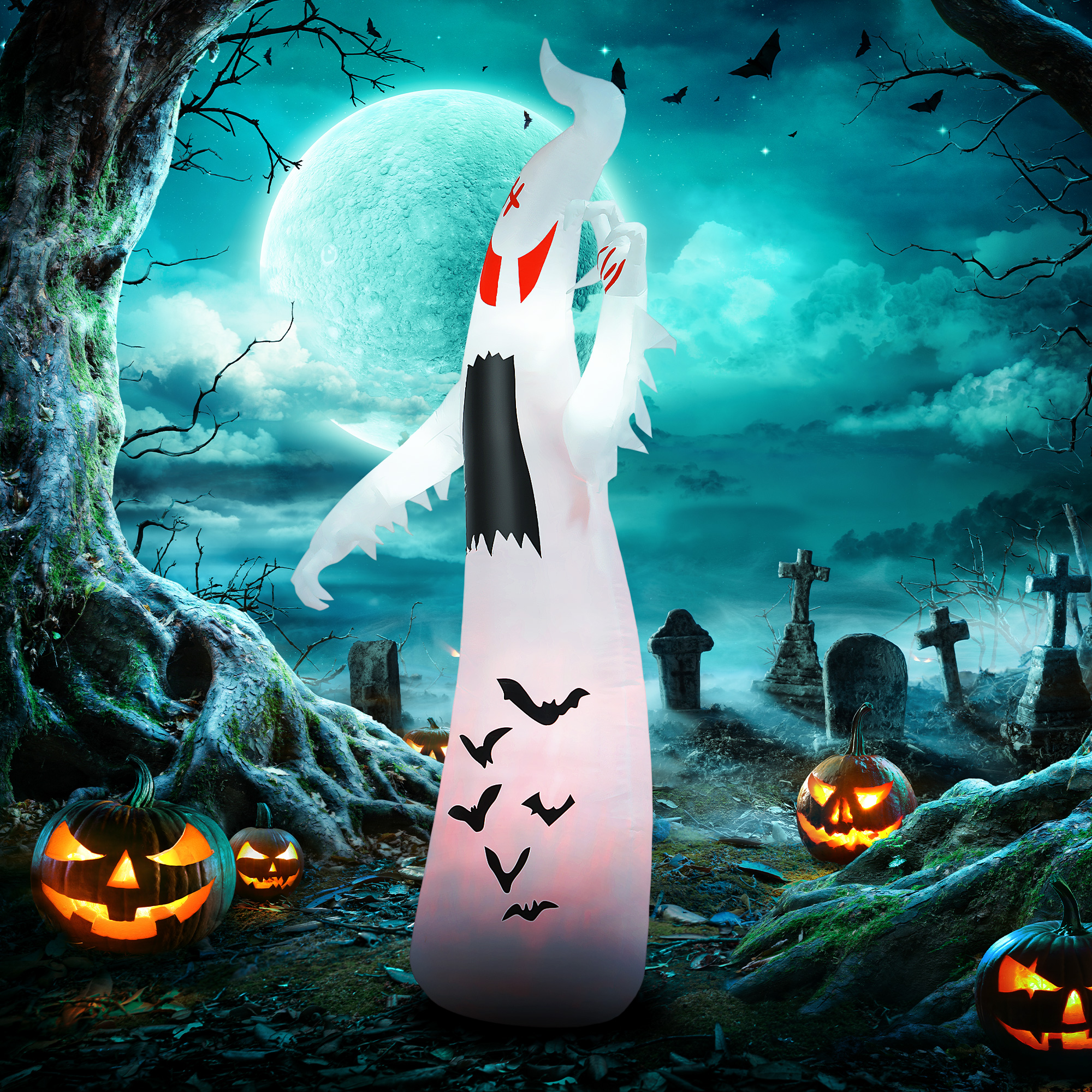 Outsunny 8ft Inflatable Halloween Spooky Ghost with Bat Patterns ...