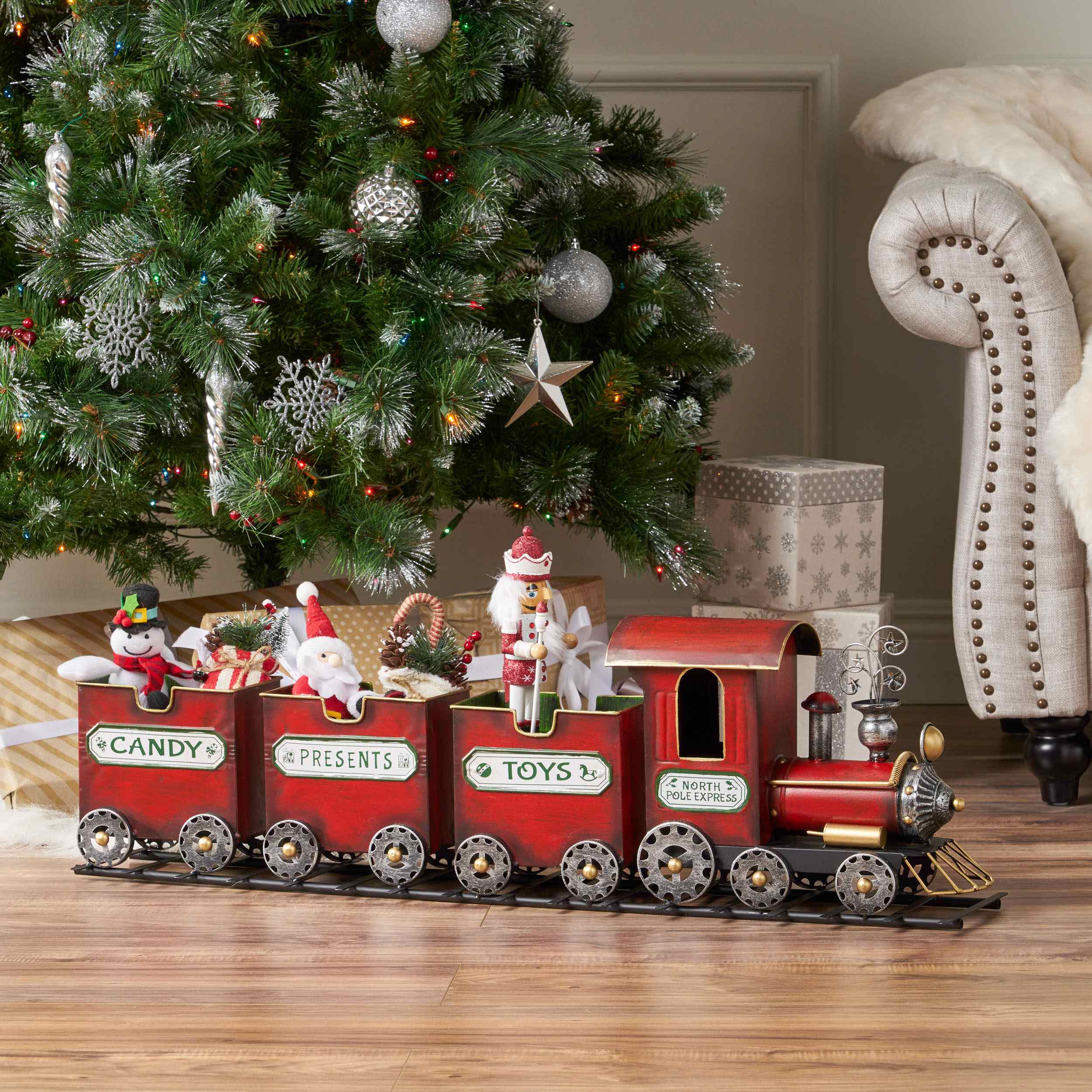 Dark Red Metal Train with Three Cars Decor, Red | Aosom.com