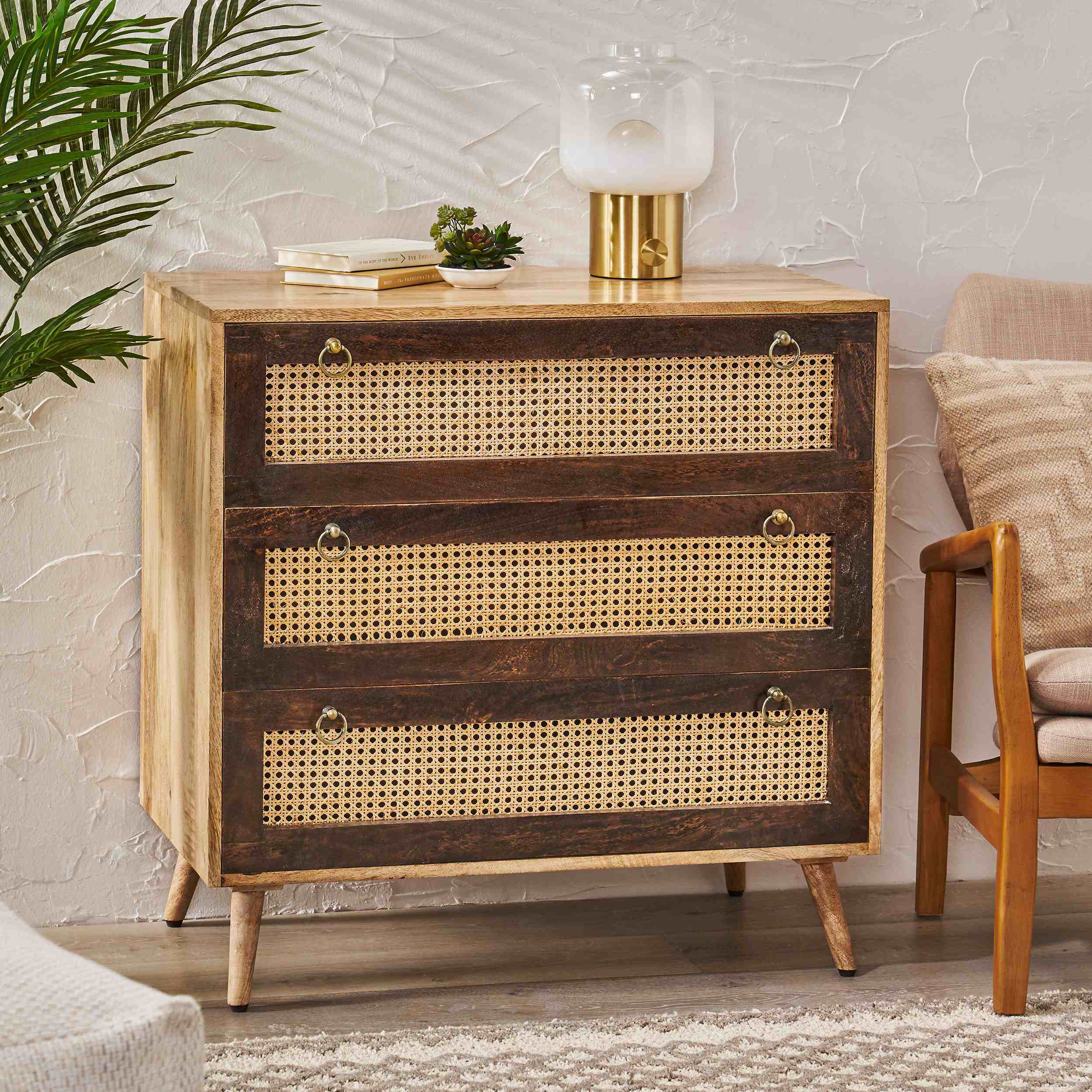 Vinsetto Boho 3-Drawer Sideboard with Cane Wicker Finish, Handcrafted ...