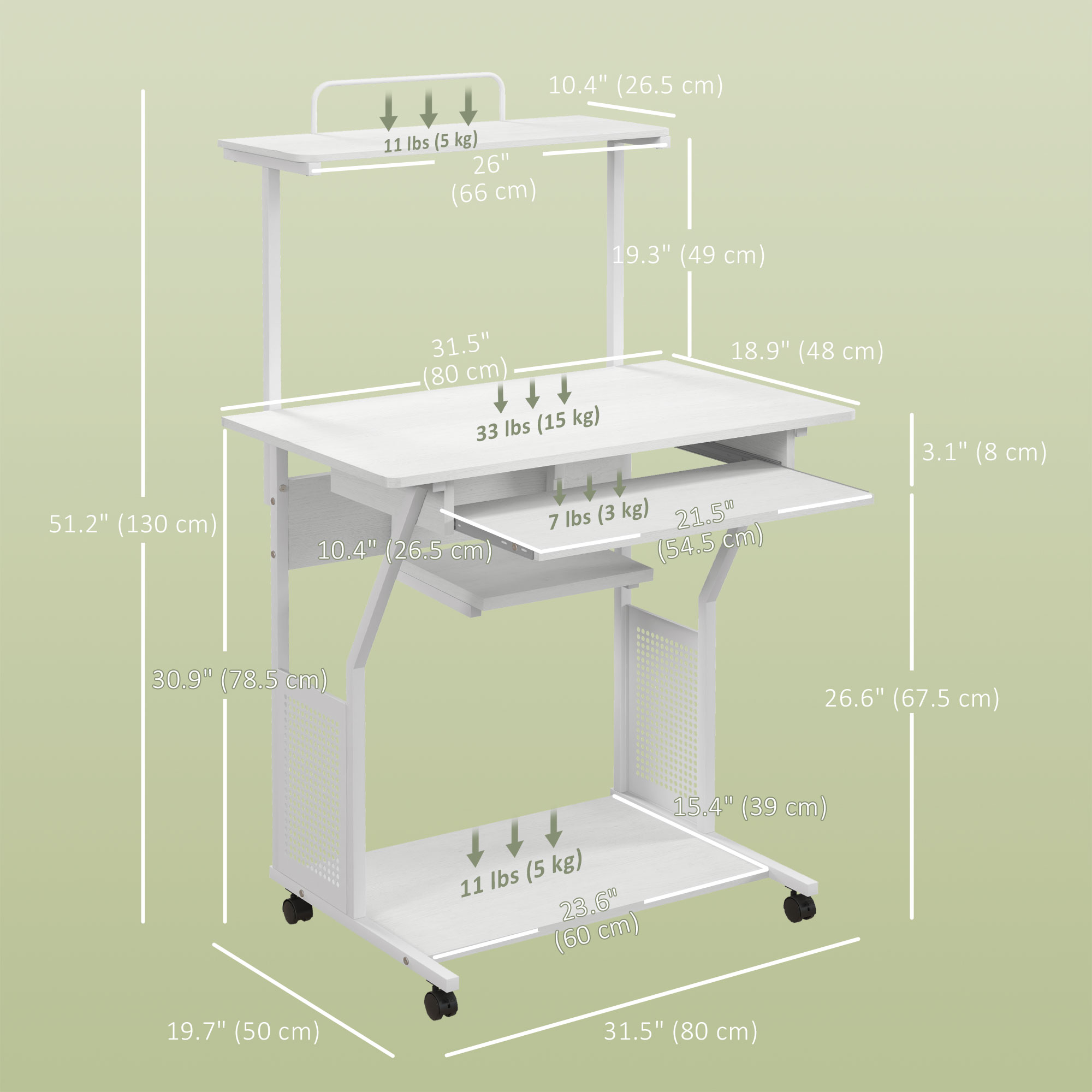 HOMCOM 32" Mobile Computer Table, Rolling Study Desk for Home Office ...