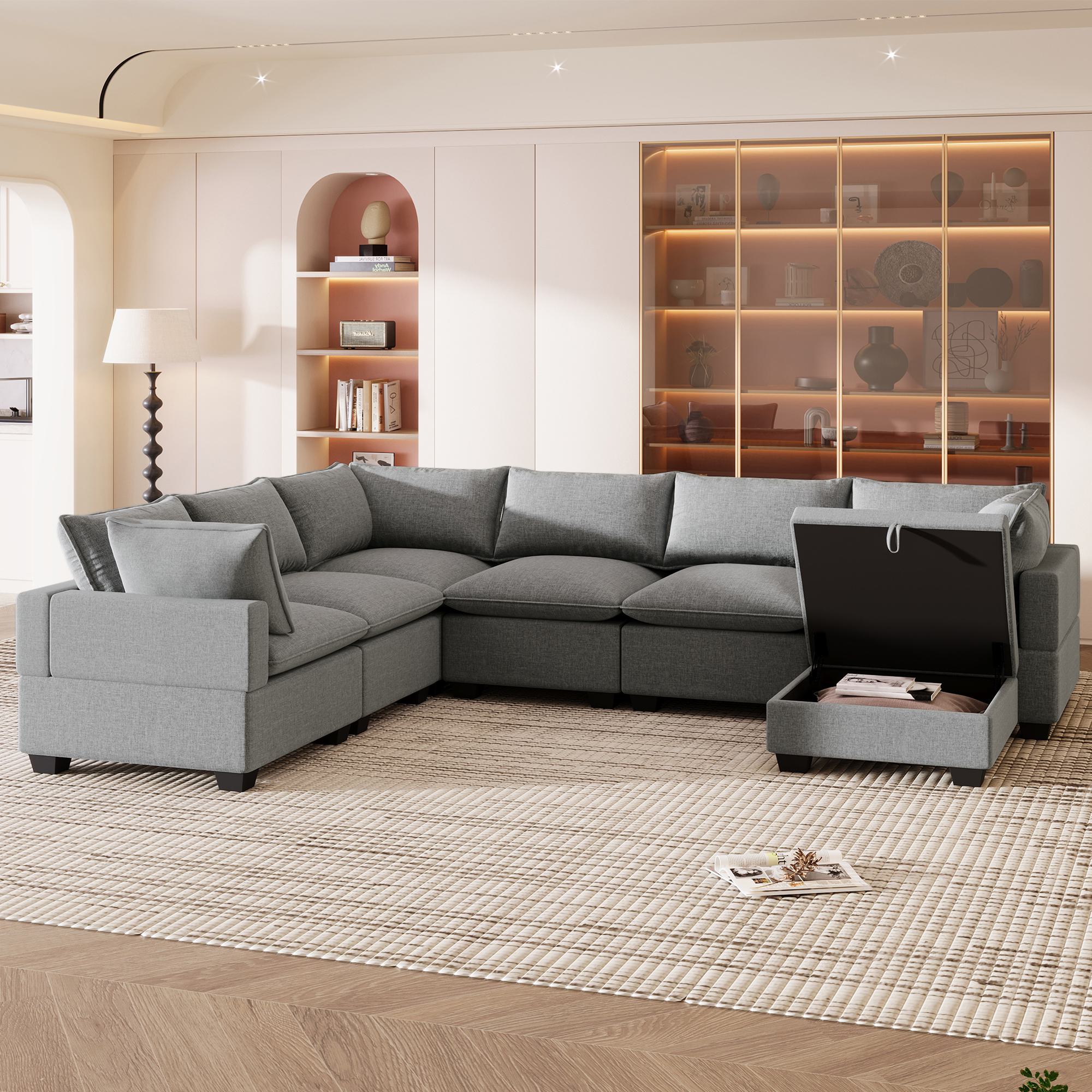 120" x 93" Modern U-Shape Modular Sofa with Storage Ottoman and 2 ...