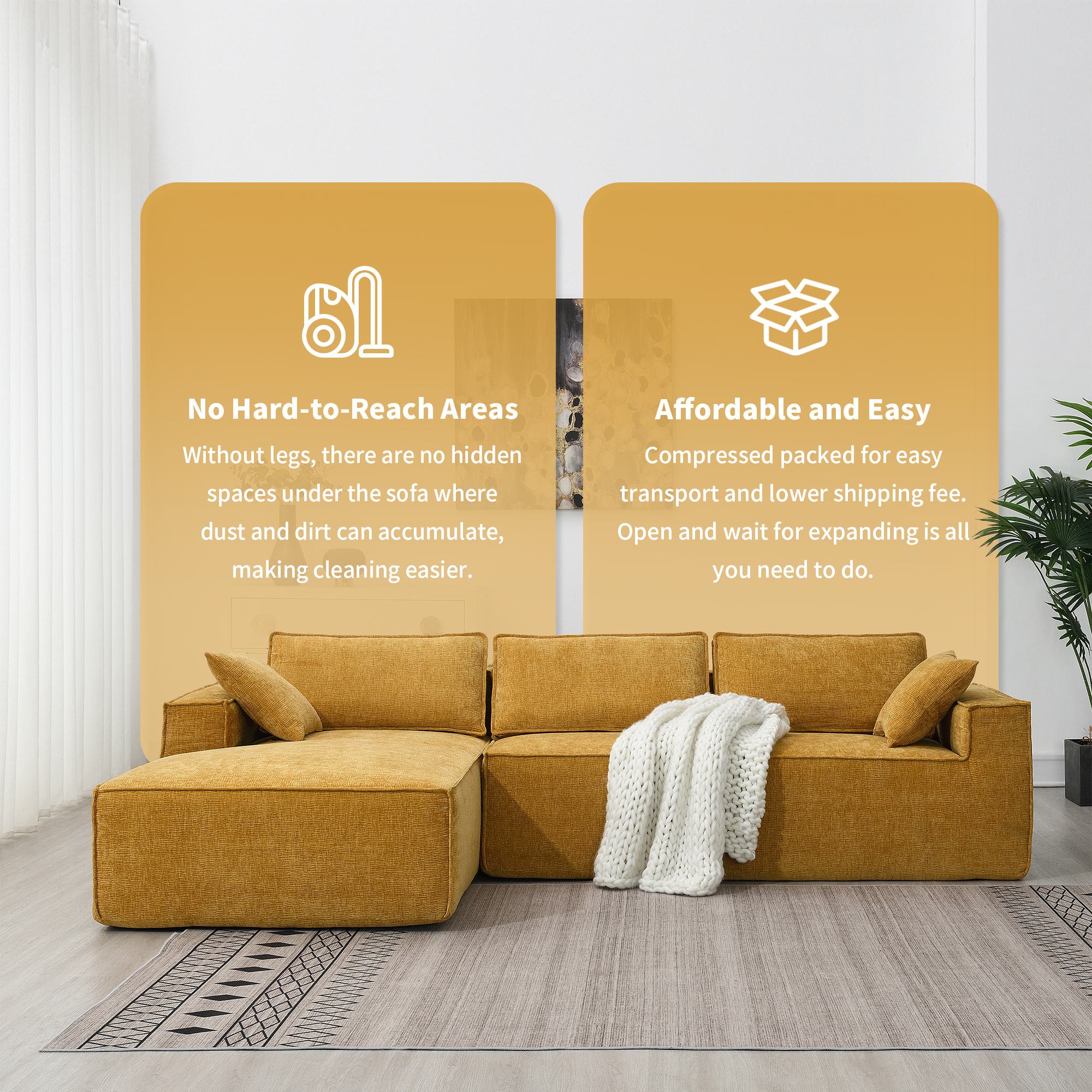 Minimalist Style Modular Sectional Sofa Wrinkle Resistant Chenille Couch Set L Shaped Sleeper Sofa Bed for Living Room Yellow