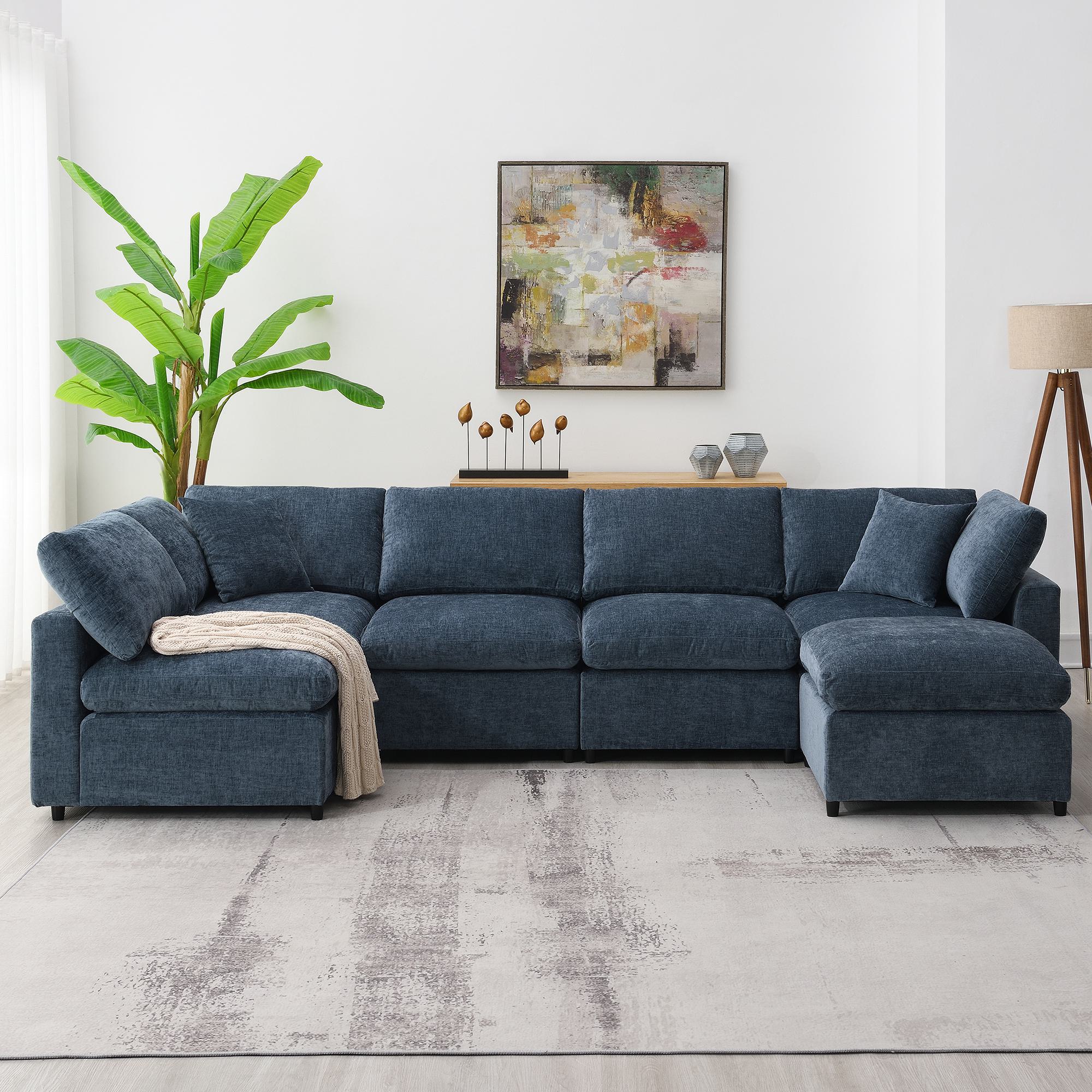 130" x 65" Modern Modular Cloud Sofa Bed with Ottoman, Dark Blue ...