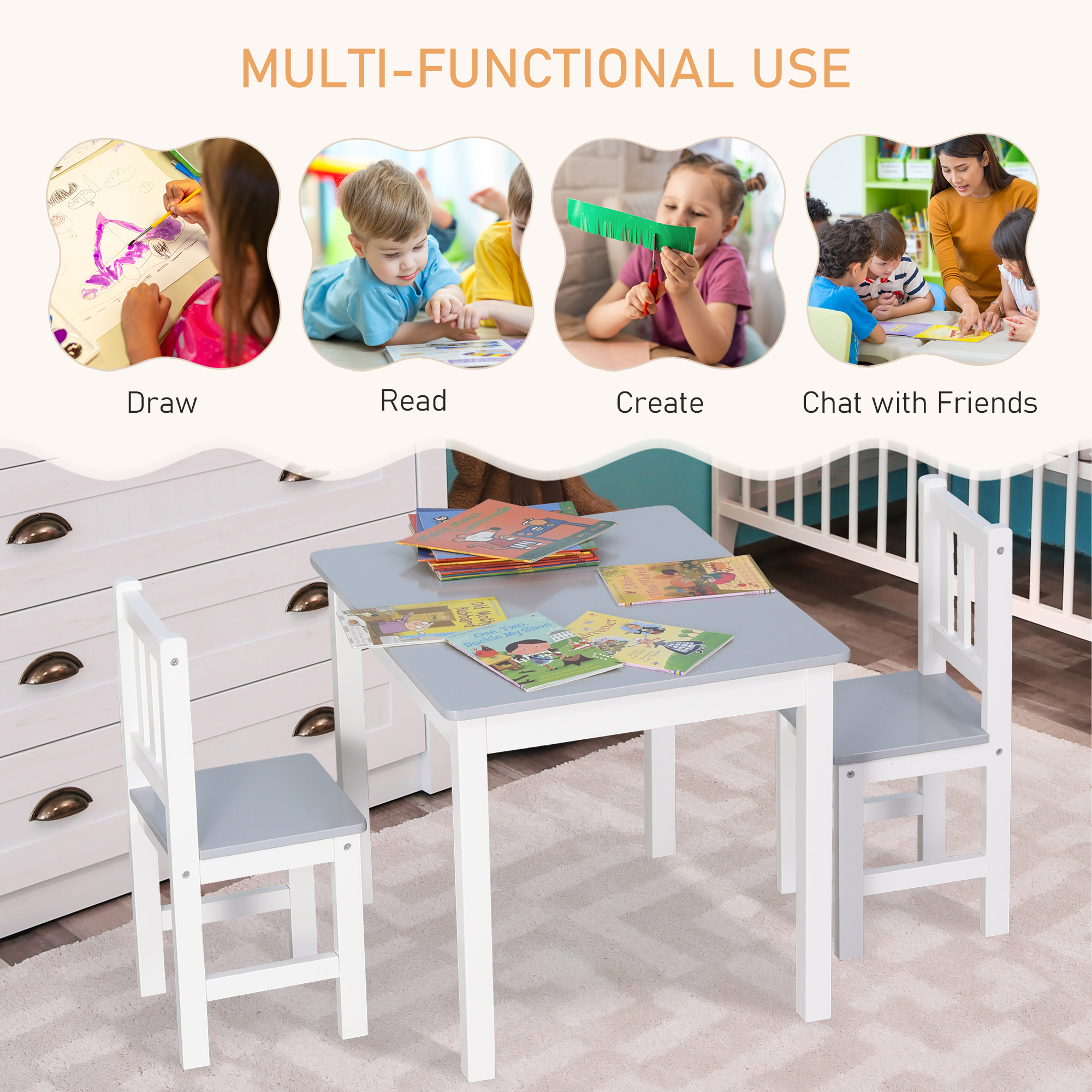 Qaba 3-Piece Kids Activity Table and Chairs Set, Versatile Toddler ...